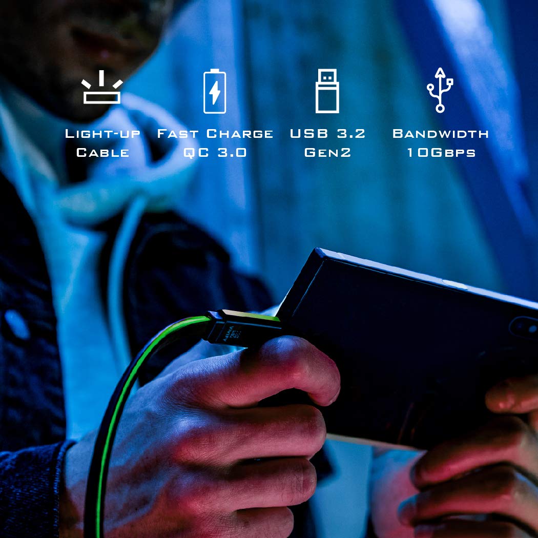 VIVIFY ACESO W10 RGB Led Gaming Light up Type C USB 3.1 3.2 Gen 2 Quick Charge 3 QC3 10 Gbps Car Mobile Cable Orange 3.2ft