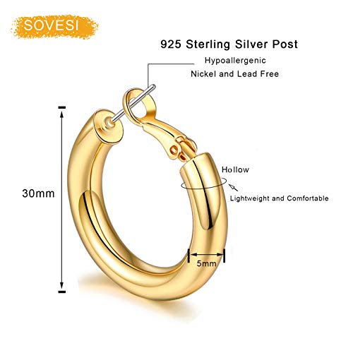 sovesi Chunky Hoop Earrings for Women with 925 Sterling Silver Post, 14K Gold Plated Thick Hoops, 30mm