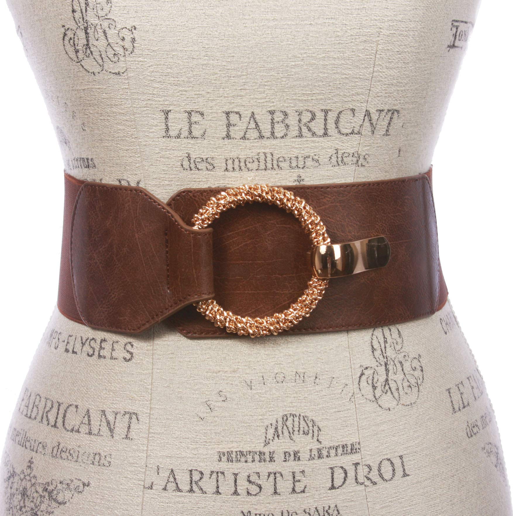 Women's 3" (75 mm) Wide High Waist Fashion Stretch Belt with Ring Hook Buckle, Brown | s/m 27"-30"