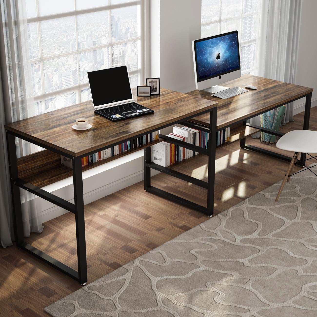 Tribesigns 94.48 Inches Two Person Desk, Double Computer Desk Sit and Standing Desk for Two Person, Simple Writing Office Desk in Rustic Finish for Home Office (Rustic)