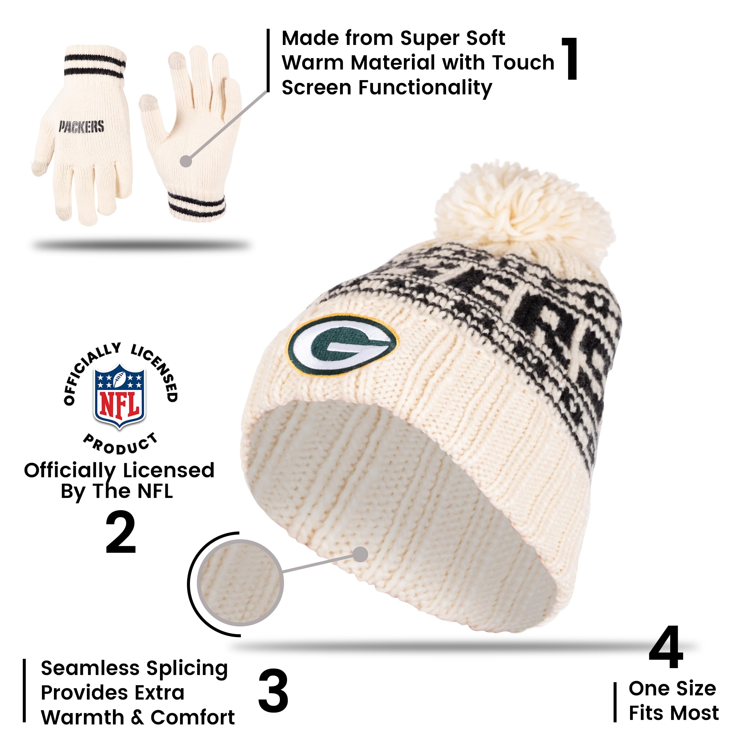 Ultra Game NFL Mens Womens Super Soft Cable Knit Winter Beanie Knit Hat with Extra Warm Touch Screen Gloves, Green Bay Packers