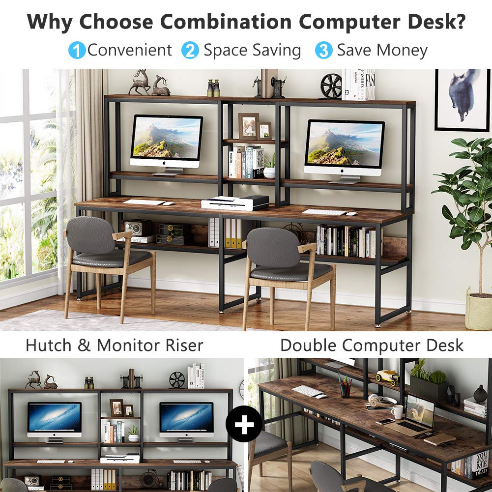 Tribesigns 94.5 inch Two Person Desk with Hutch, Double Workstation Computer Desk with Storage Shelves, Large Industrial Office Desk Study Writing Table with Bookshelf for Home Office, Rustic Brown
