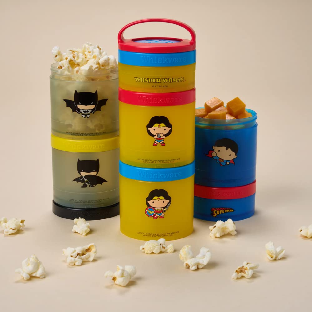 Whiskware Justice League Stackable Snack Containers for Kids and Toddlers, 3 Stackable Snack Cups for School or Travel, Batman