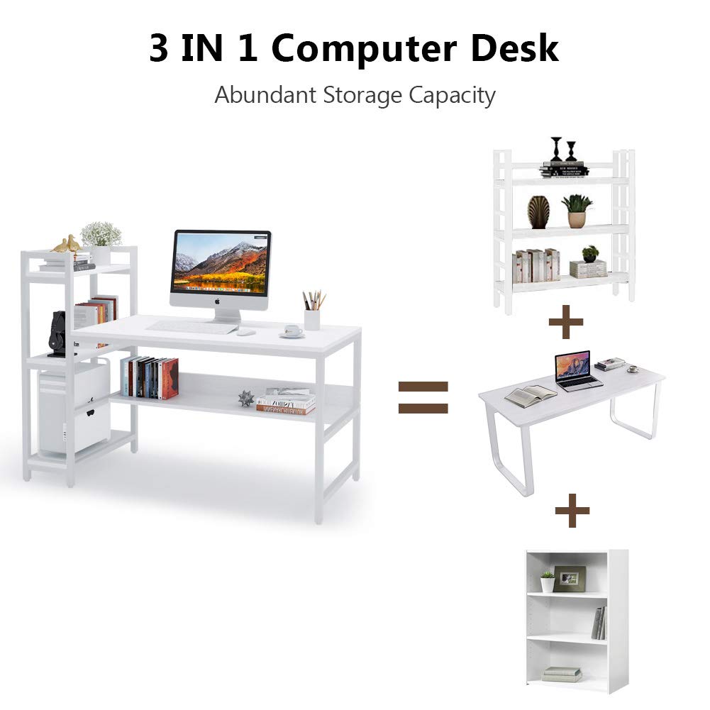 Tribesigns Computer Desk with 4-Tier Storage Shelves, 60 inch Modern Large Office Desk Computer Table Studying Writing Desk Workstation with Bookshelf and Tower Shelf for Home Office(White)