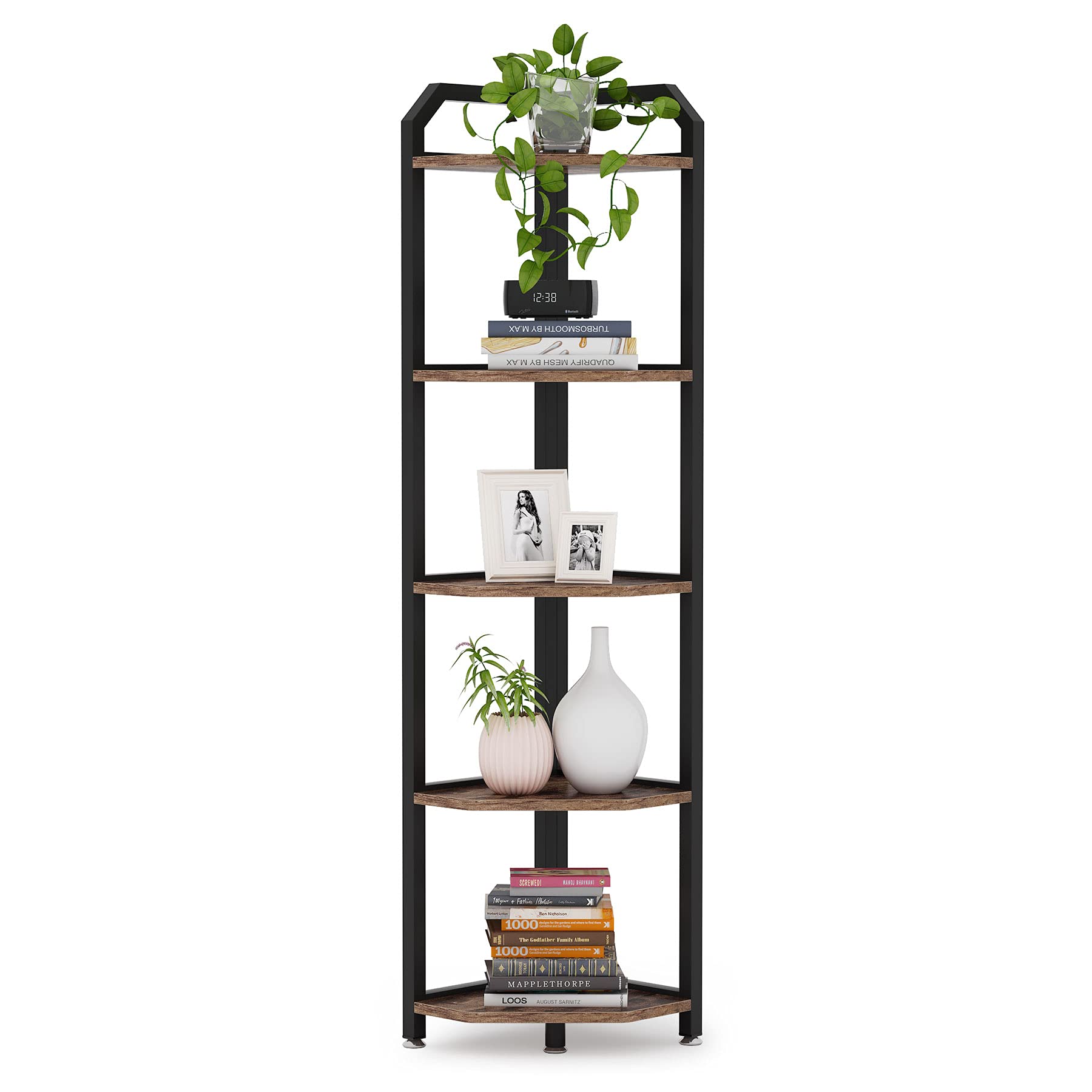 Tribesigns Corner Shelf, 5 Tier Corner Bookshelf and Bookcase Rustic Corner Storage Shelving Unit Indoor Plant Stand for Living Room, Home Office, Small Space (Brown)