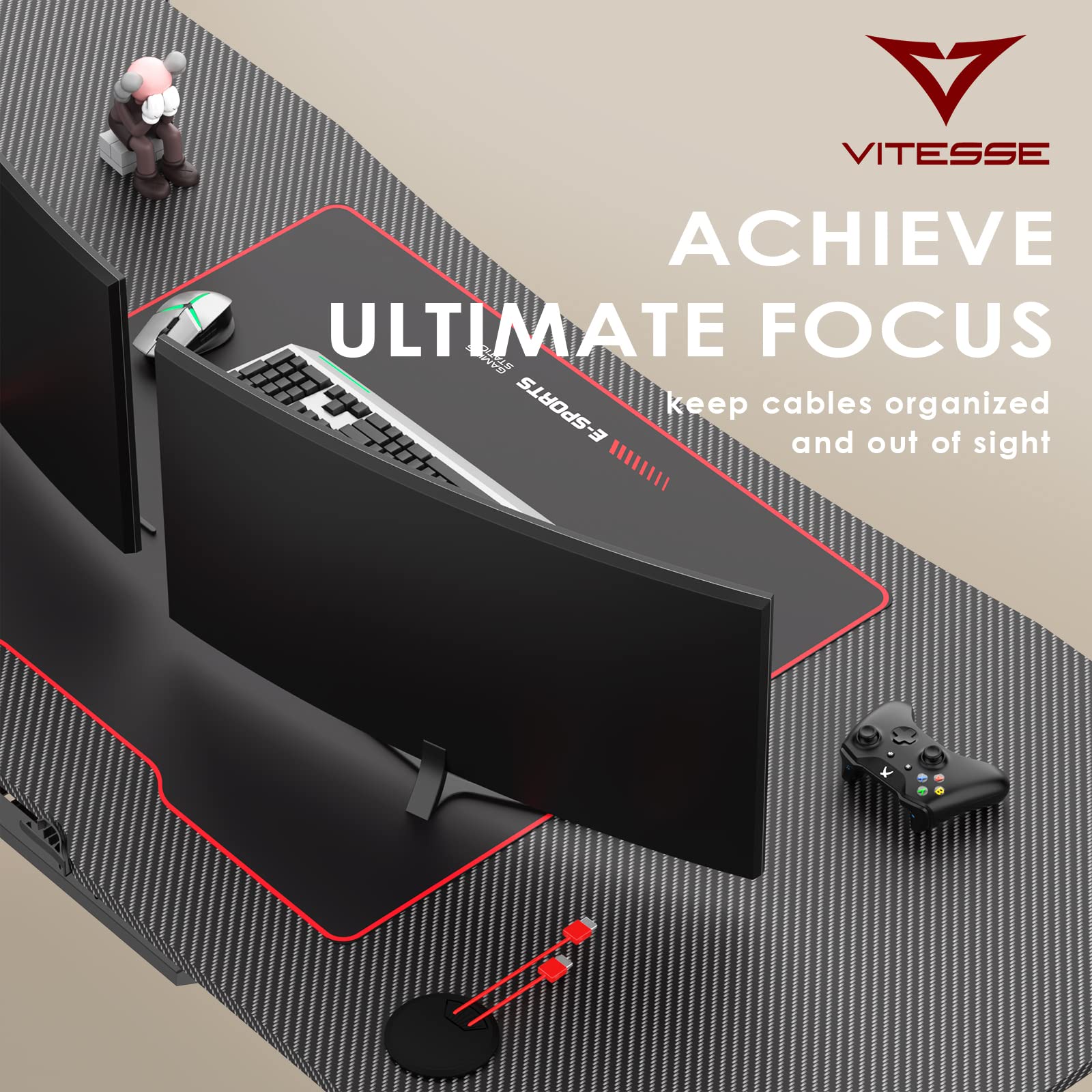 VITESSE Gaming Desk 63 Inch, Ergonomic Gamer Computer Desk with Mouse Pad, PC Gaming Tables with Gaming Handle Rack, Cup Holder Headphone Hook