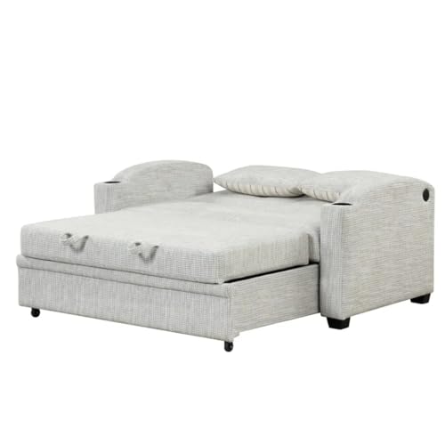 UXZDX 65" Pull Out Sofa Bed Chenille Convertible Loveseat Sofa with Adjsutable Backrest, Cup Holders, USB Portss