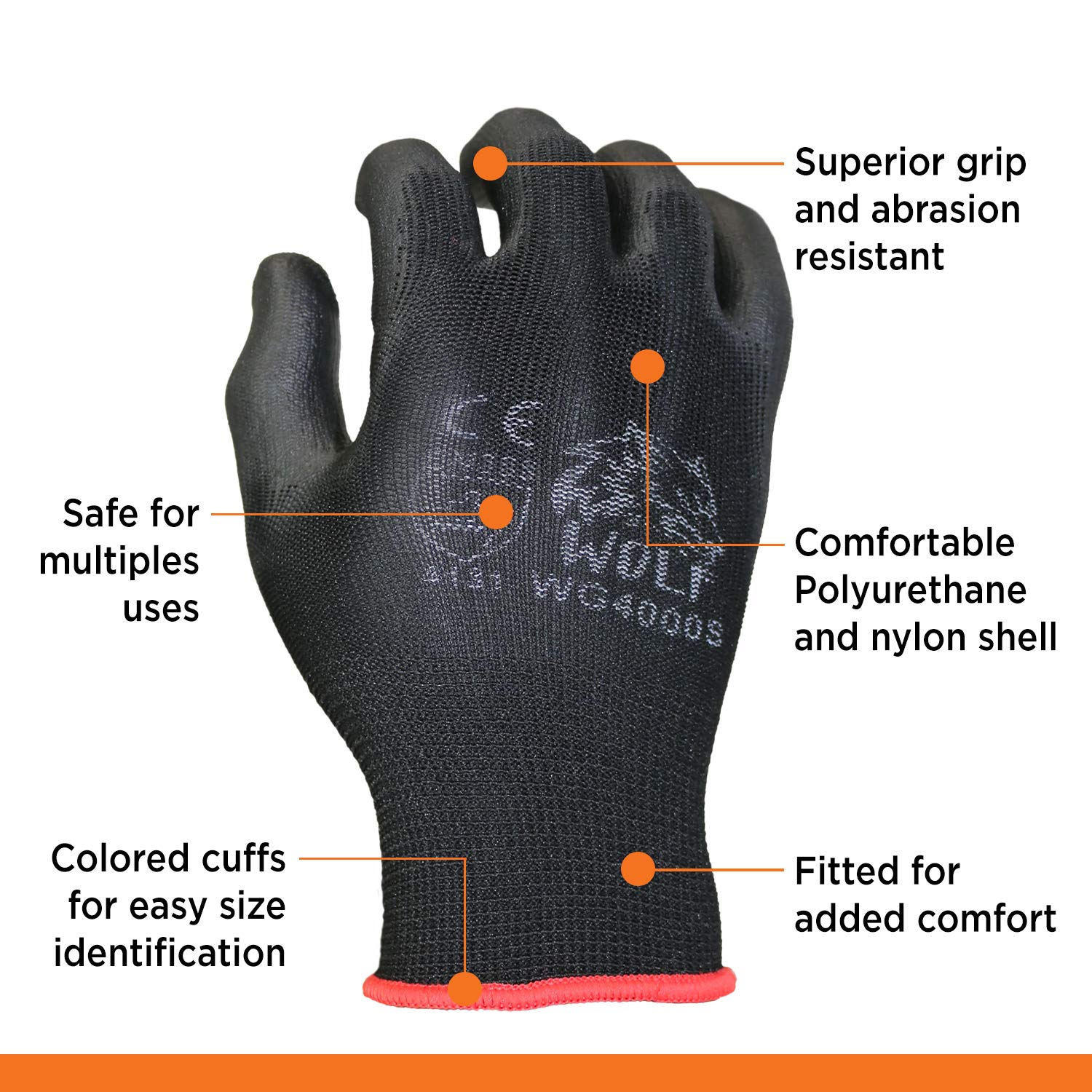WOLF Polyurethane Palm Coated Nylon Shell Work Gloves, Construction, Mechanic, Warehouse, Yard Work, Gardening Medium (Pack of 12)