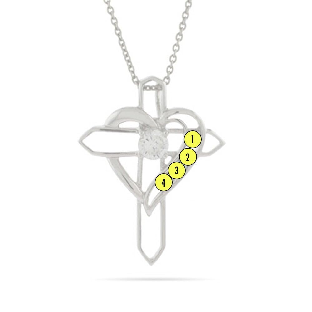 Women's Custom Sterling Silver 4 Stone Simulated Birthstone Heart with Cross Pendant (18" chain) - Personalized Birthstone Cross Necklace - Gifts for Mom