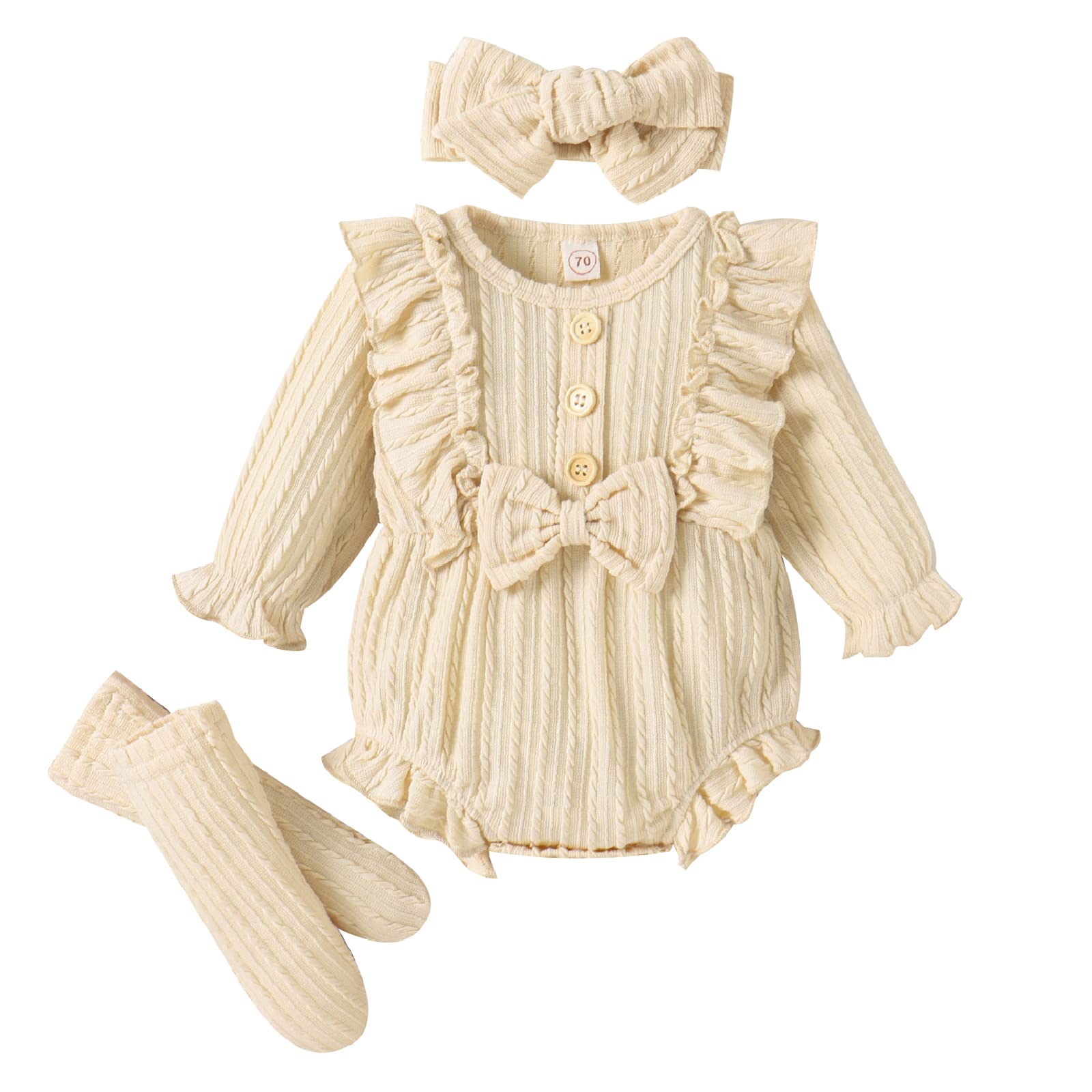 ZAXARRA Newborn Baby Girls Clothes Long Sleeve Button Front Ruffle Romper Socks Headband 3Pcs Set Fall Winter Outfits (Beige, 0-3 Months)