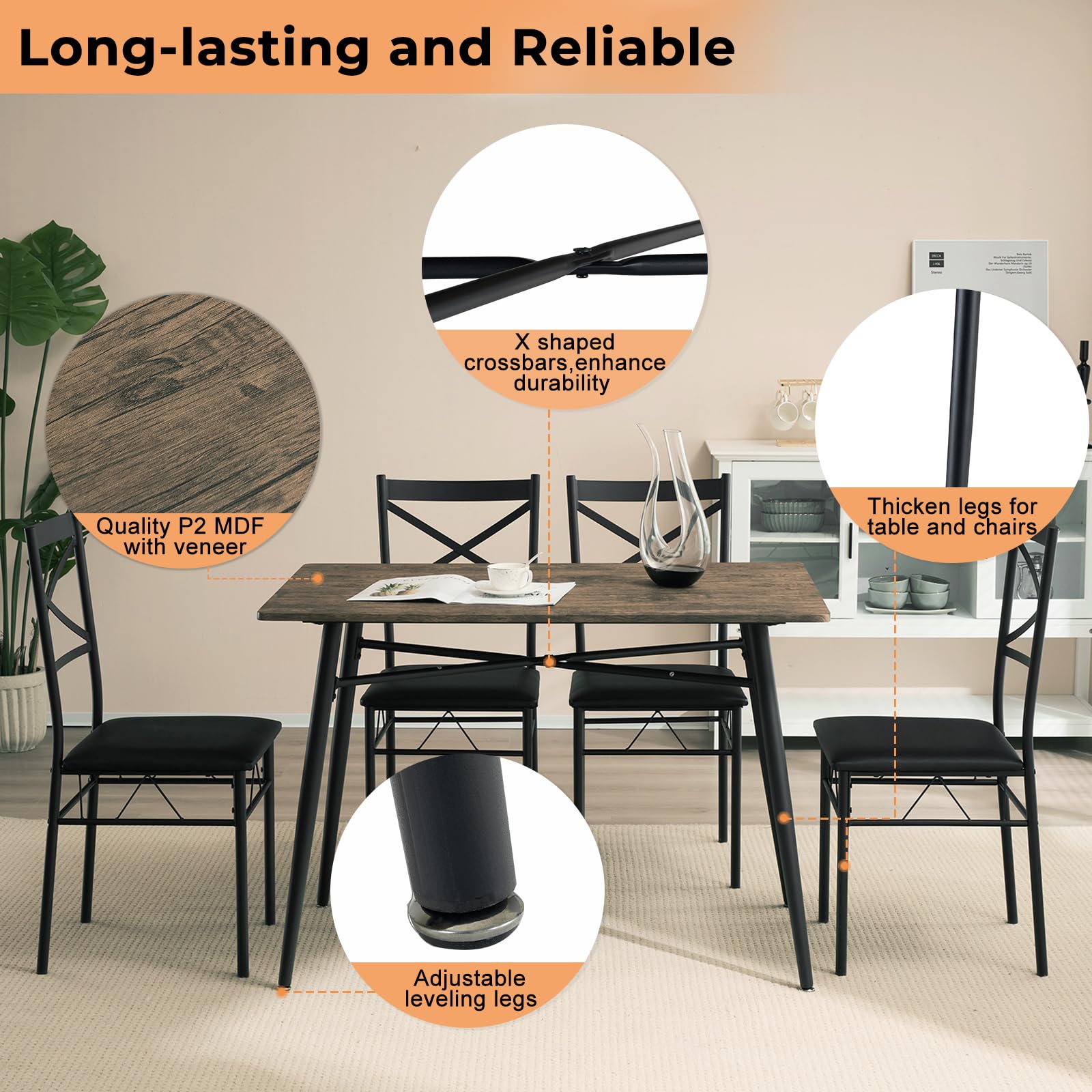 VINGLI 43.3" Dining Table Set for 4, Small Kitchen Table and Chairs for Small Space, 5 Pieces Modern Metal and Wooden Dining Table with Chairs Set for Dining Room, Apartment - Brown