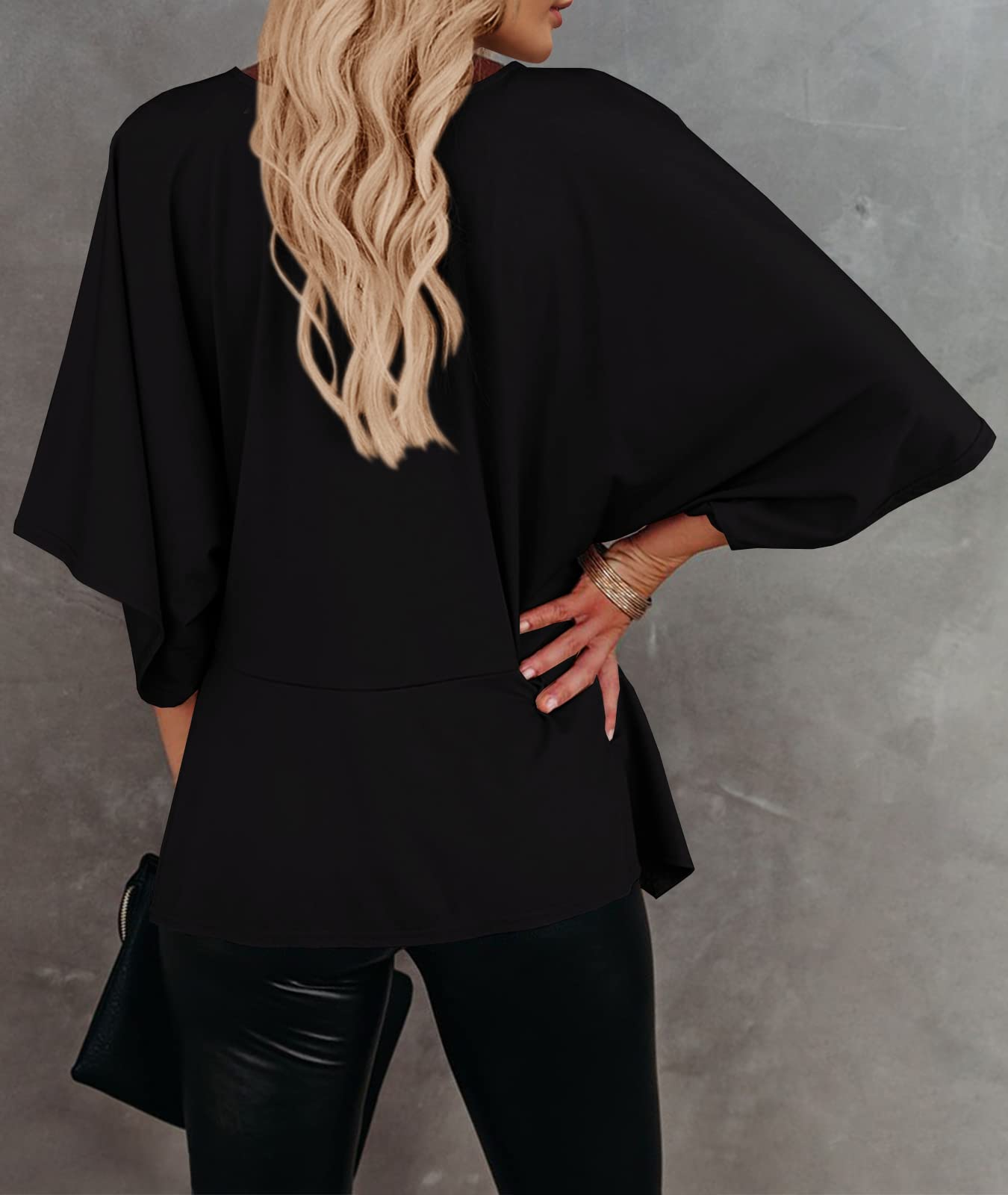 Womens V Neck 3/4 Bell Sleeve Blouse Tops Summer Loose Solid Kimono Shirt Patchwork Irregular Hem Tunic Black