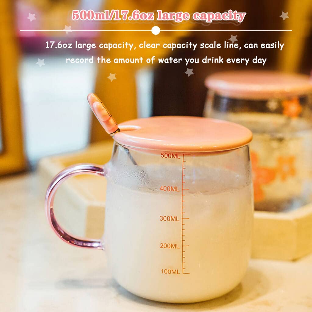 ZRAGEK Sakura Mug Creative Sakura Cup Coaster, Office Drinking Cup with Scale, Cute Heat Resistant Glass Mug with Lid Spoon, 17.6 oz Large Capacity(Big flower,17.6Oz)