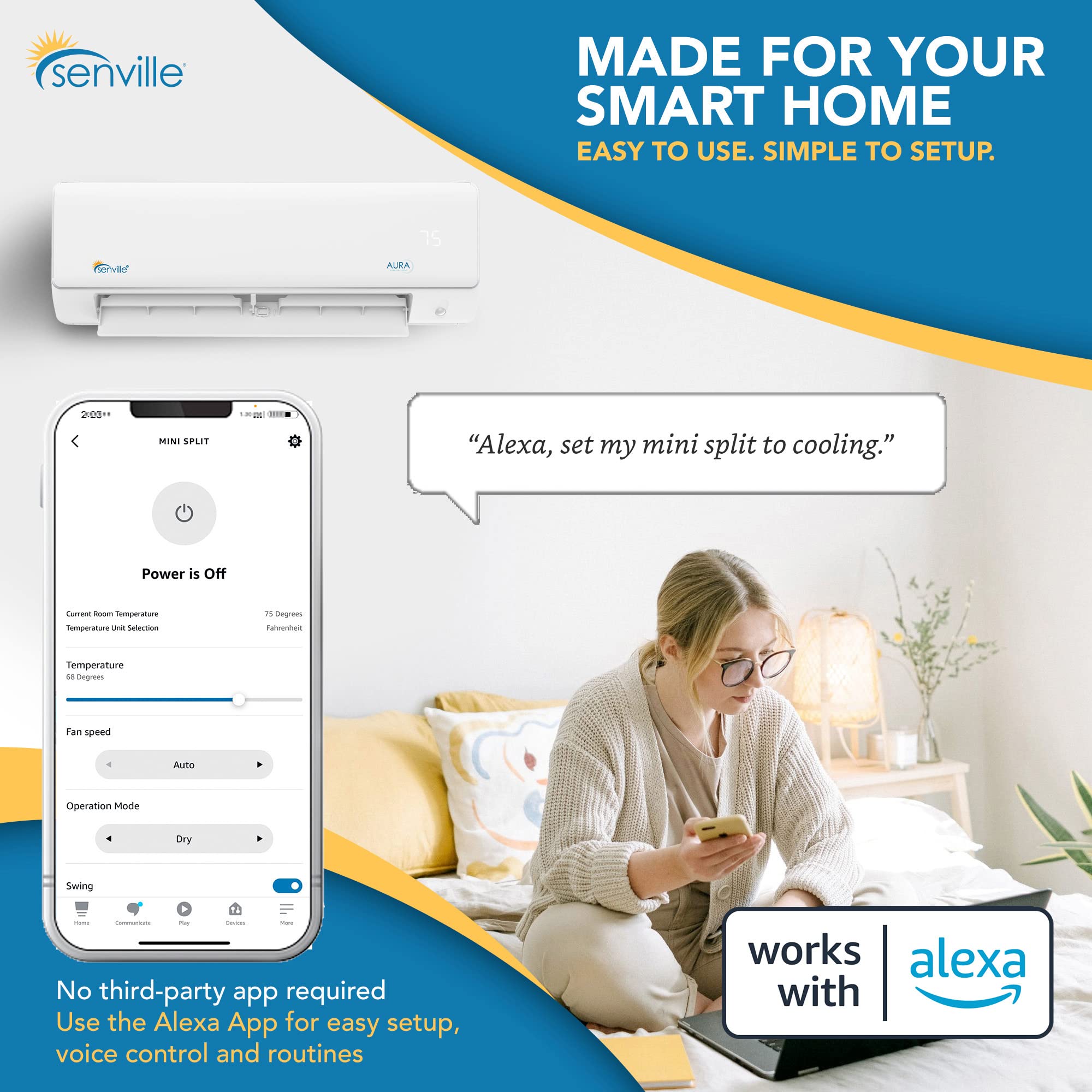 Senville SENA-30HF/D Dual Zone Mini Split Air Conditioner Heat Pump, 28000 BTU, Works with Alexa, White