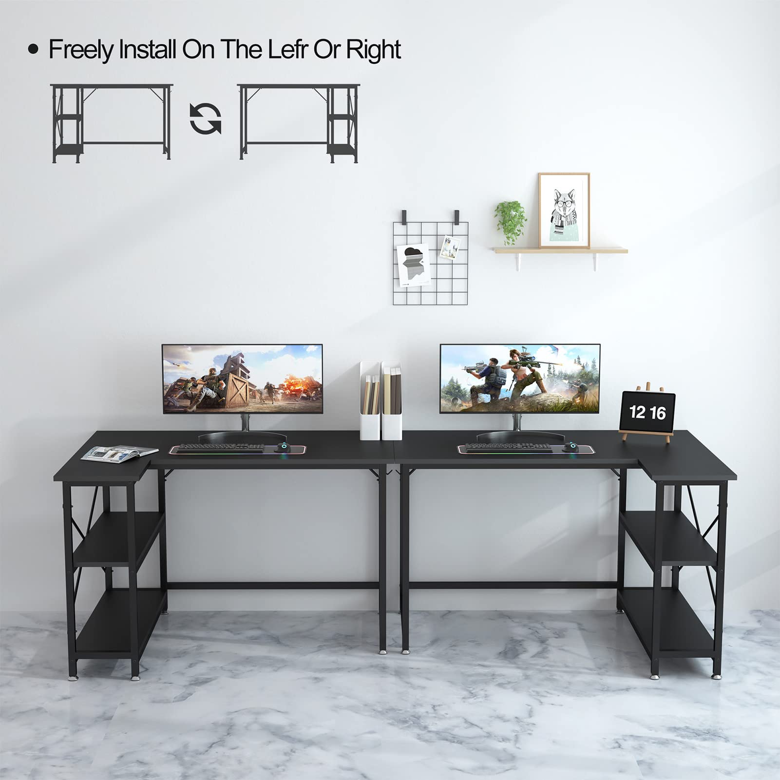 SunyesYo L Shaped Computer Desk 47 in - Small Office Home Gaming Desk with Storage Shelves - Study Writing Corner Table, Reversible Sturdy Workstation, Work PC Desk, Classic Black