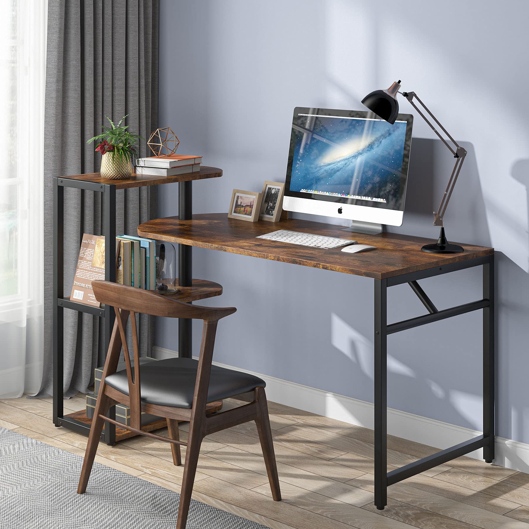 Tribesigns Rotating Desk, Industrial l Shaped Computer Desk with Storage Shelf, Reversible Rustic Office Desk Great for Home Office (Rustic)