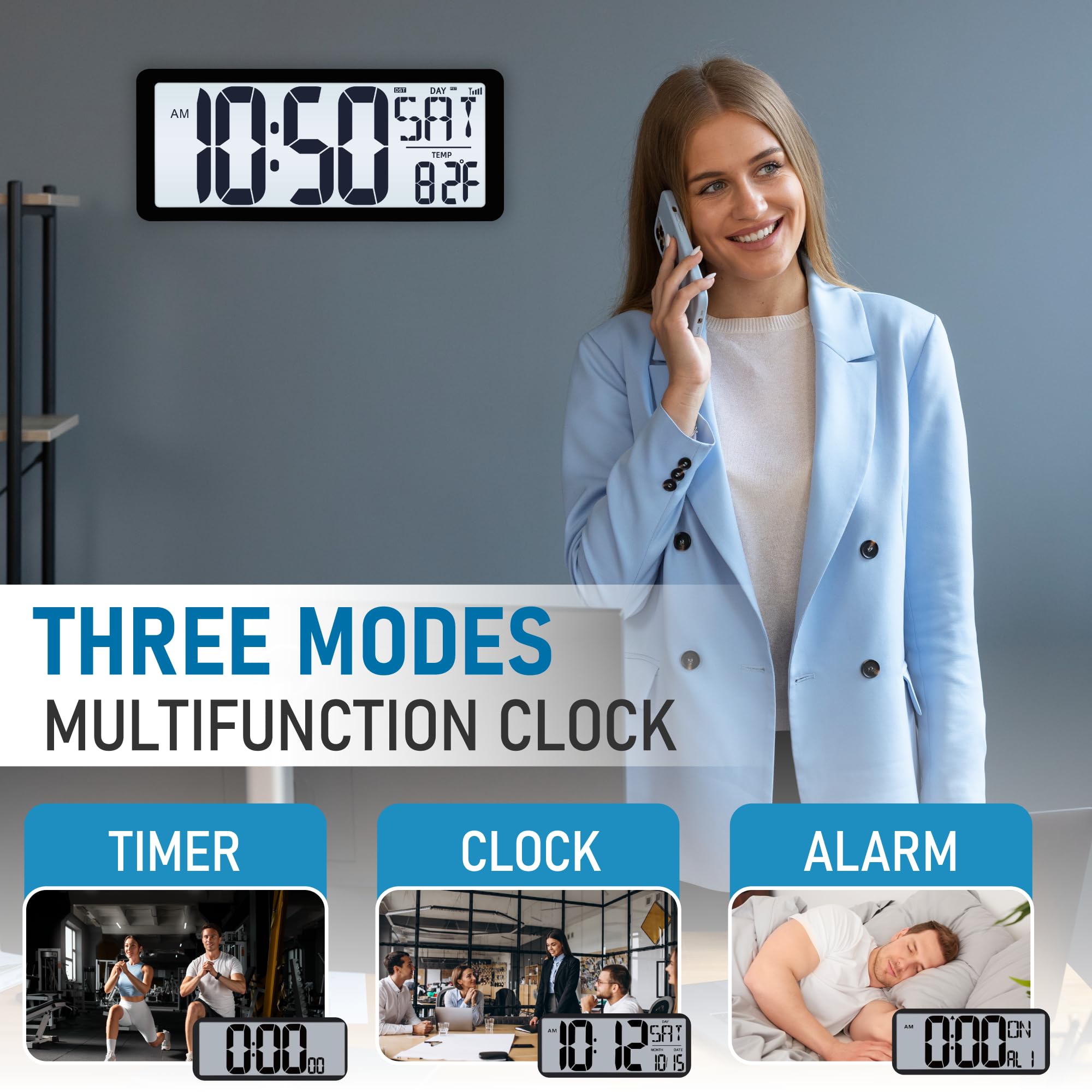 TXL Large Digital Wall Clock with Backlight, 14.17" Battery Operated Alarm Clock with Day, Date & Temperature, Jumbo Display Digital Count Up Down Timer Clock for Seniors, Home