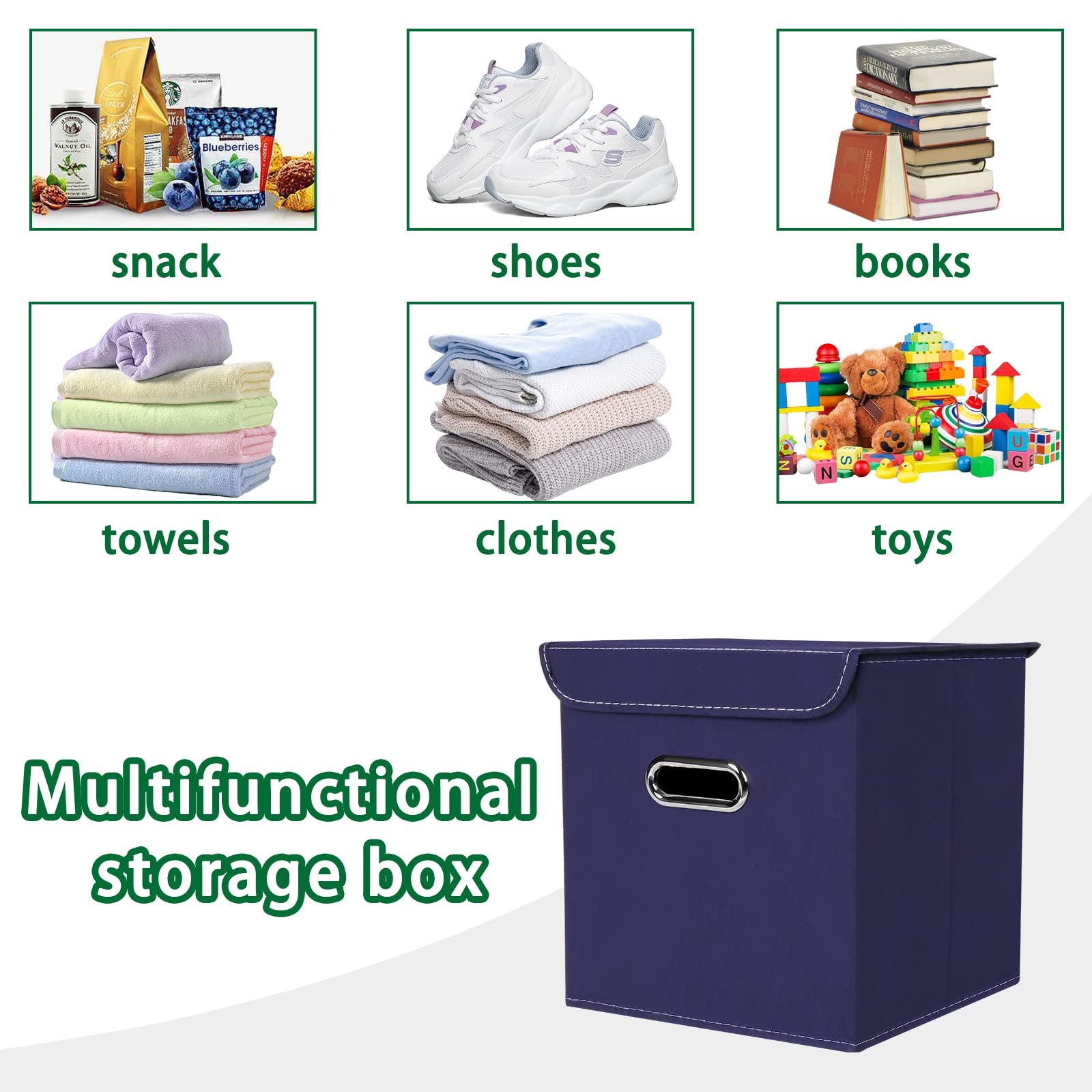 STOREONE Foldable Storage Bins Cubes Storage Organizer With Lid,Fabric Cube Storage Box With Handle,For Home Bedroom Office,Closet, Clothes, Toys,3 Pack,(Navy Blue