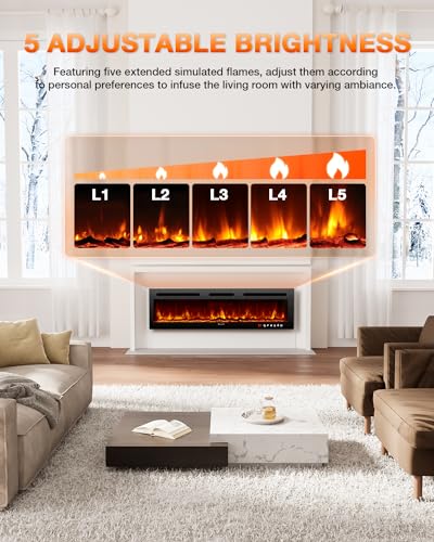 VISVEIL Electric Fireplace 60Inch,Realistic Flame Electric Fireplace Heater,Log Set/Crystal Flames 750-1500W with Timer Inserts/Wall Mounted/TV Stand Touch Screen & Remote for Living Room Easy Install