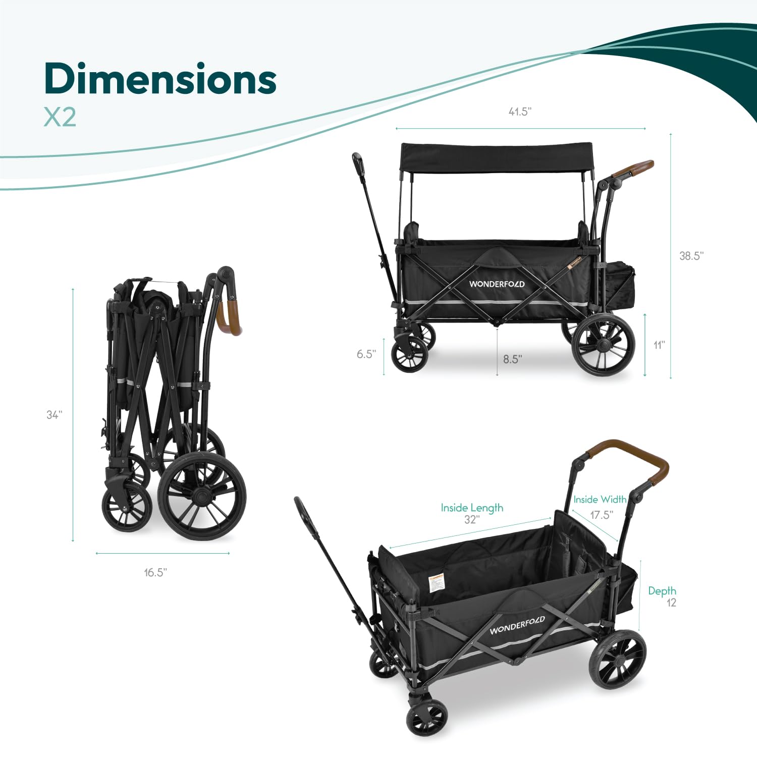 WONDERFOLD X2 Push & Pull Double Stroller Wagon (2 Seater) - Collapsible Wagon Stroller with 5-Point Seatbelt Harnesses, Push & Pull Handles, & Removable Sun Canopy, Midnight Blue