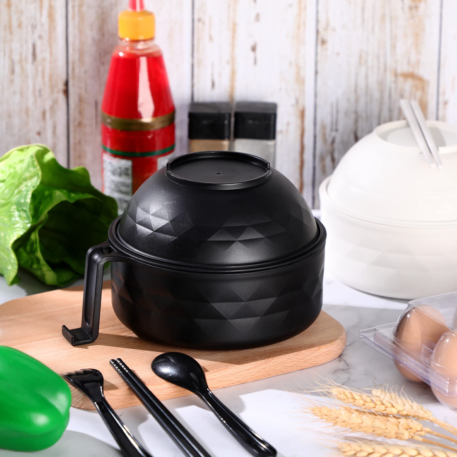 Zubebe 2 Sets Microwave Ramen Bowl Set with Handle Lid Ramen Cooker Ramen Noodle Bowl with Chopsticks Spoon Fork College Dorm Room Apartment Essentials, Dishwasher Safe, BPA Free (Black)