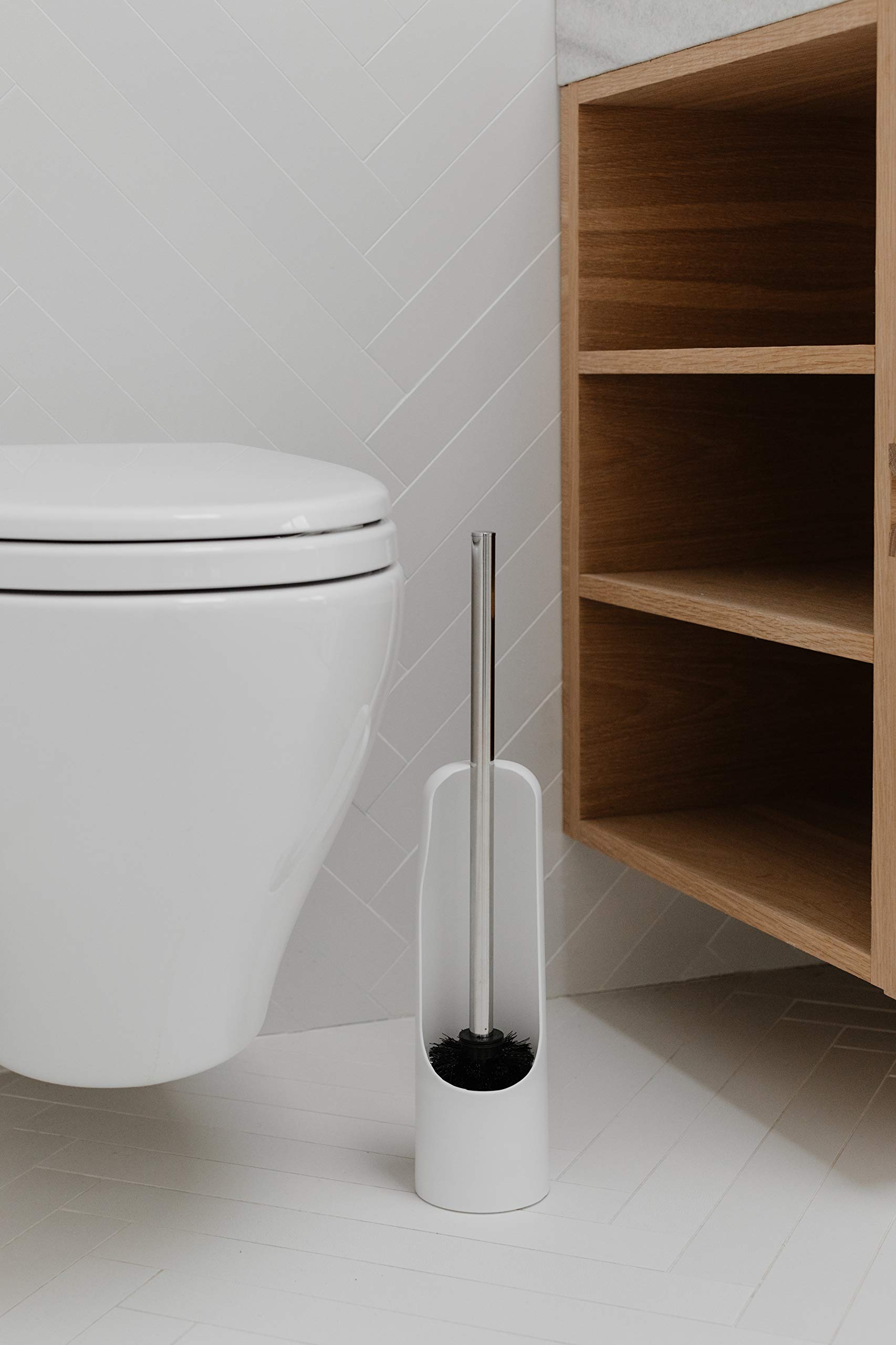 Umbra Touch Toilet Brush with Open Back Hideaway Holder โ Durable, Slim, Plastic & Metal Toilet Bowl Cleaner With Rubber Finish - Soft and Dense Brush Bristles โ Removes All Stubborn Stains, White