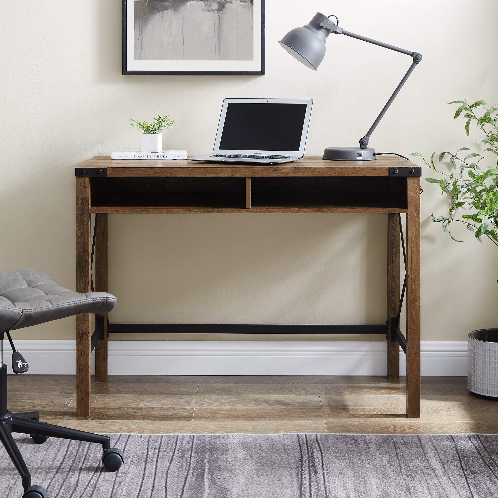 Walker Edison Callum Modern Farmhouse Metal X Writing Desk, 42 Inch, Rustic Oak