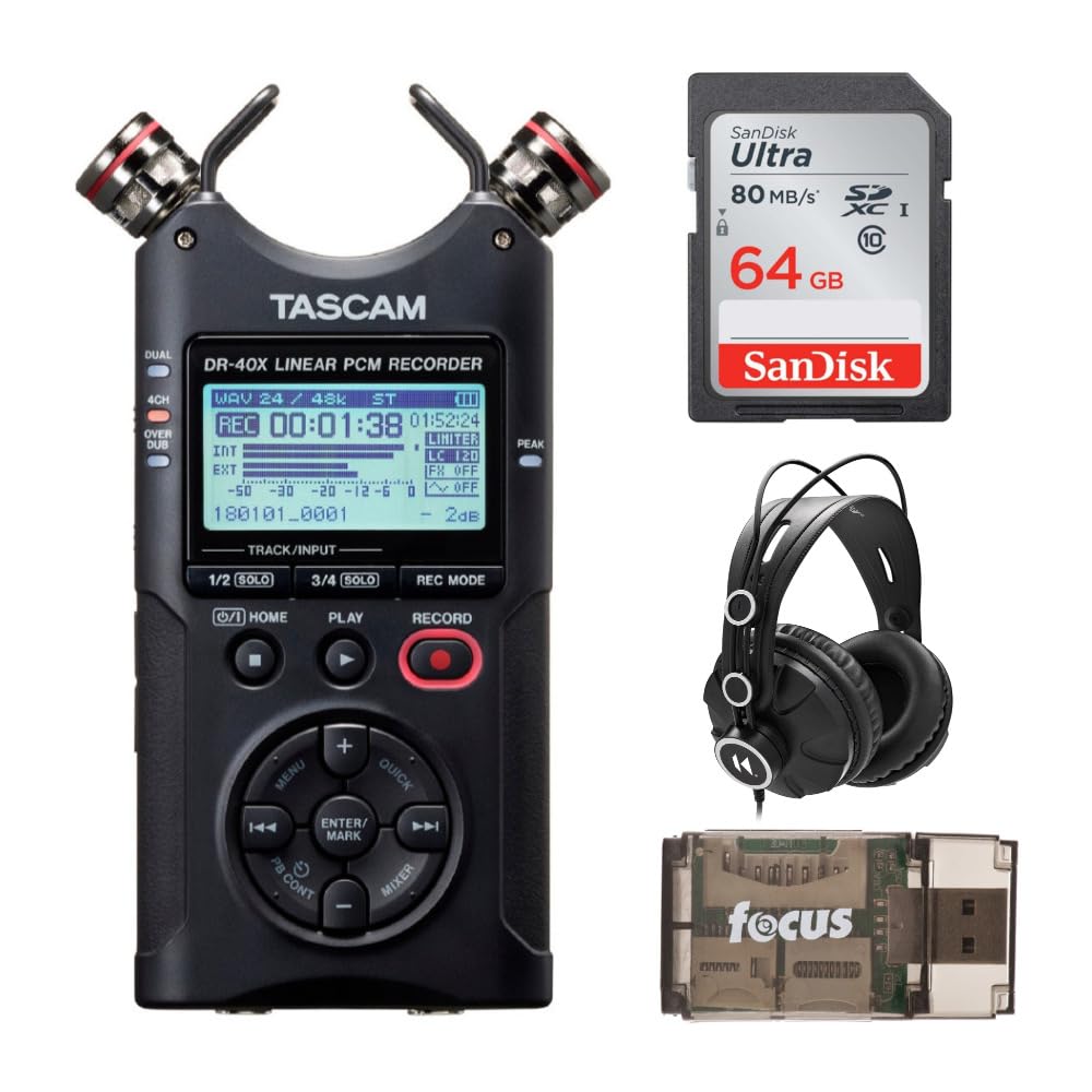 Tascam DR-40X Four-Track Audio Recorder/USB Audio Interface Bundle with 64GB Memory Card, USB Card Reader and Headphones (4 Items)