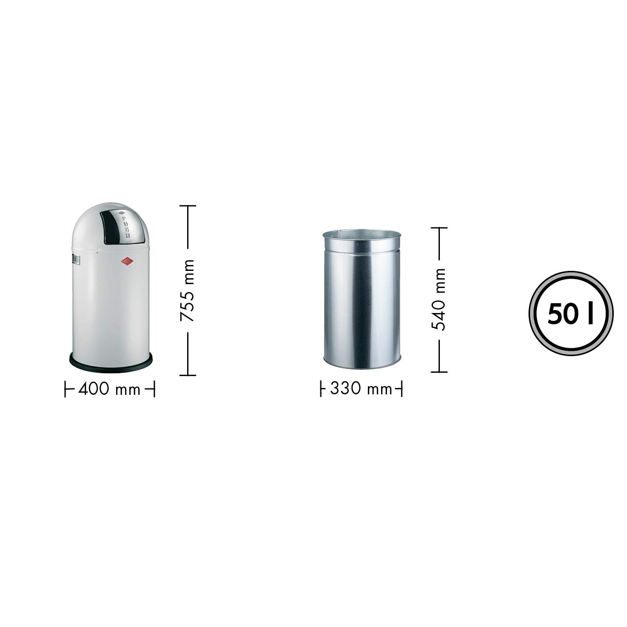 ウェスコ(Wesco) Push Bin 16.9 gal (50 L) PUSHBOY Trash Can with Lid, サイズ:∅40×H75.5cm, Black (Black Matte)