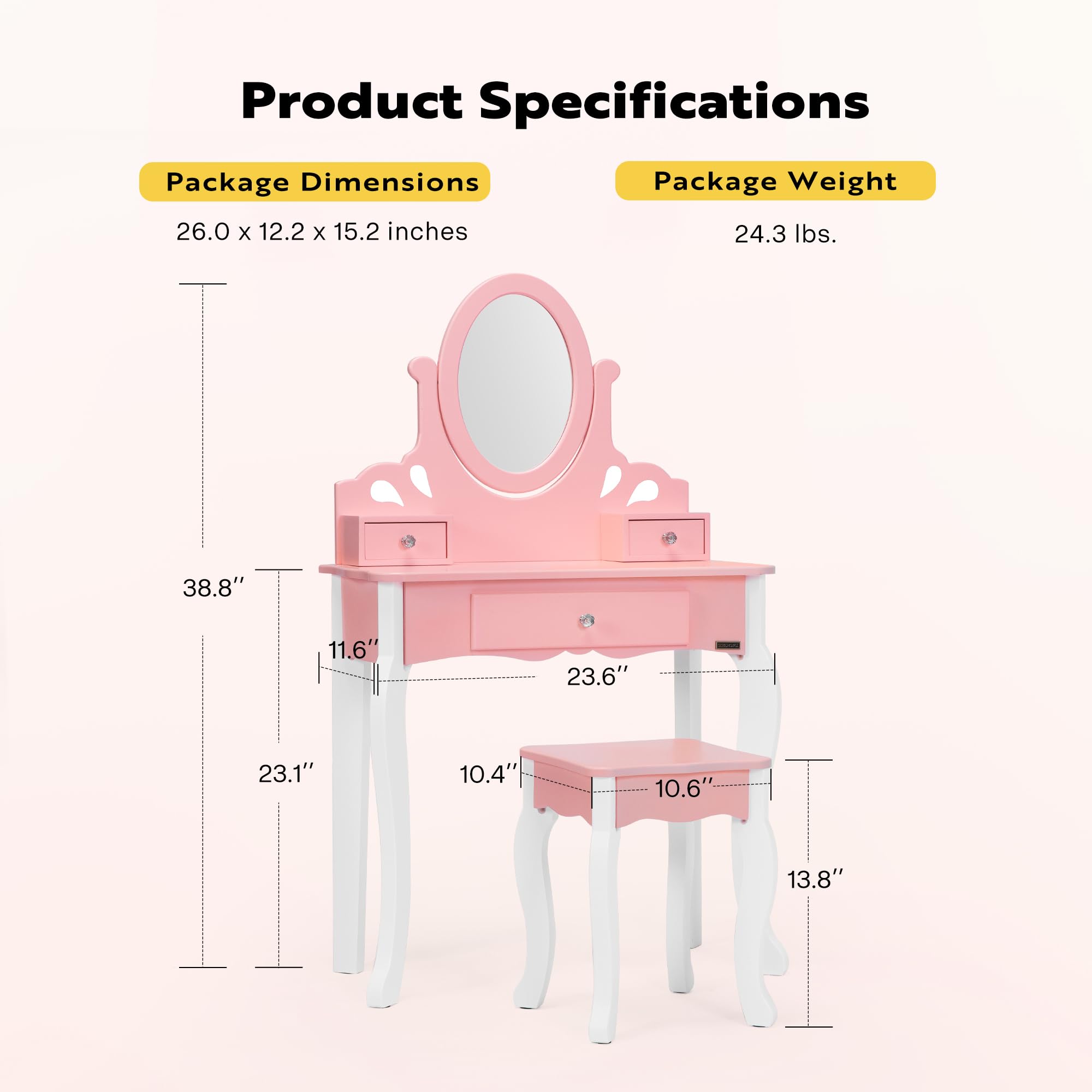 VIVOHOME Kids Vanity Set, Makeup Dressing Table with 360° Rotating Mirror for Girls, Pink Makeup Vanity Set with 10 Dimmable LED Bulbs, with 360° Rotating Lighted Mirror, White