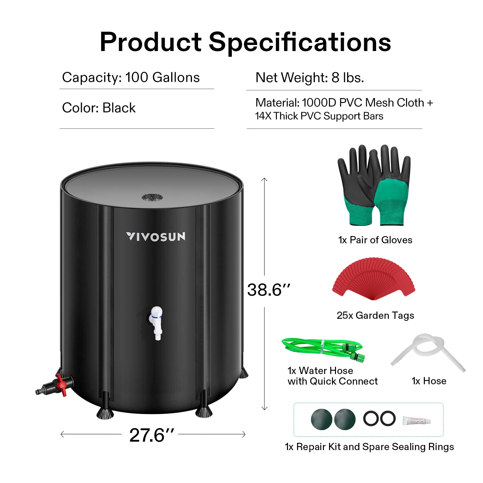 VIVOSUN Collapsible Rain Barrel, 100 Gallon Water Storage Tank with 1000D Oxford Cloth, Portable Rain Collection System includes Two Spigots and Overflow Kit, Black
