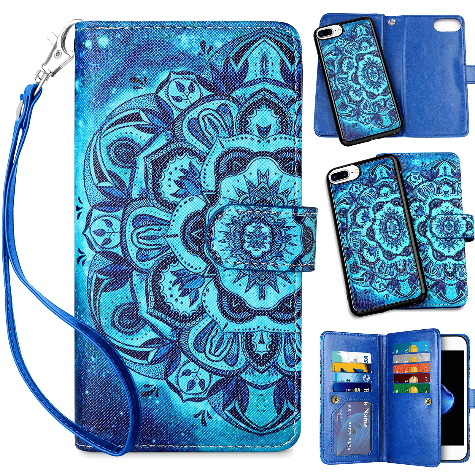 Vofolen 2-in-1 Case for iPhone 8 Plus Case 7 Plus Wallet Card Holder Slot Detachable Strap Protective Slim Hard Shell Magnetic PU Leather Folio Pocket Flip Cover for iPhone 8 Plus 7 Plus Mandala Brown