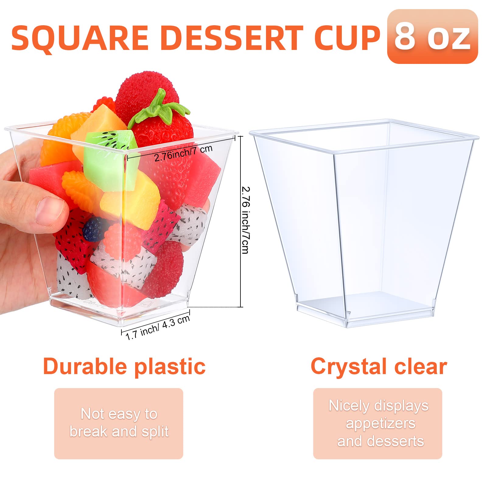 Zubebe Dessert Cups 8 oz Clear Plastic Appetizer Cups Small Square Dessert Bowls Mini Serving Cups for Tasting Party, Baby Shower Party, Wedding, Birthday Party Favor (200 Pcs)