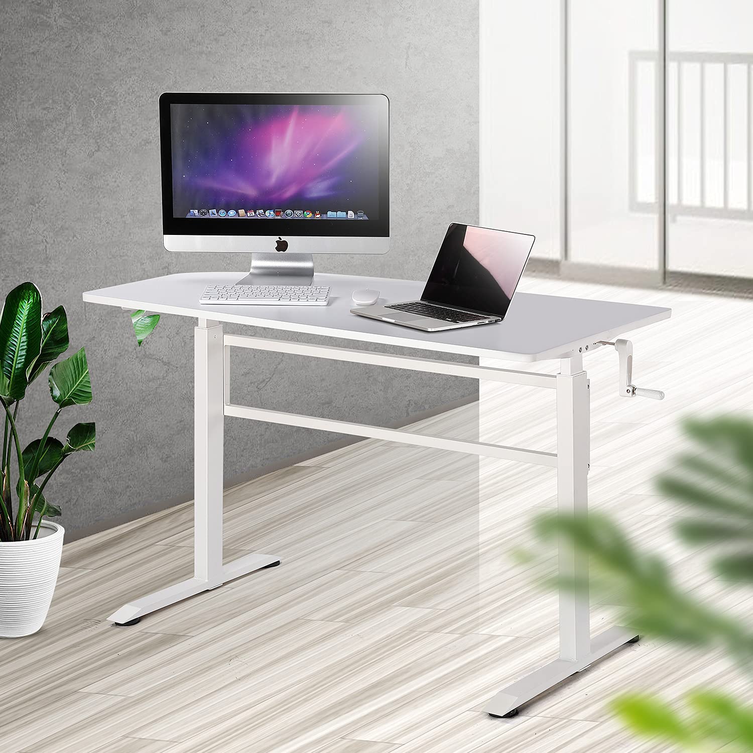 UNICOO Manual Standing Desk Adjustable Height Heavy Duty Game Desk, Crank Adjustable Desk, Adjustable Computer Desk, Manual Stand Up Desk with Headphone Hook,48 x 24 Inches(SYK01-Light Oak)