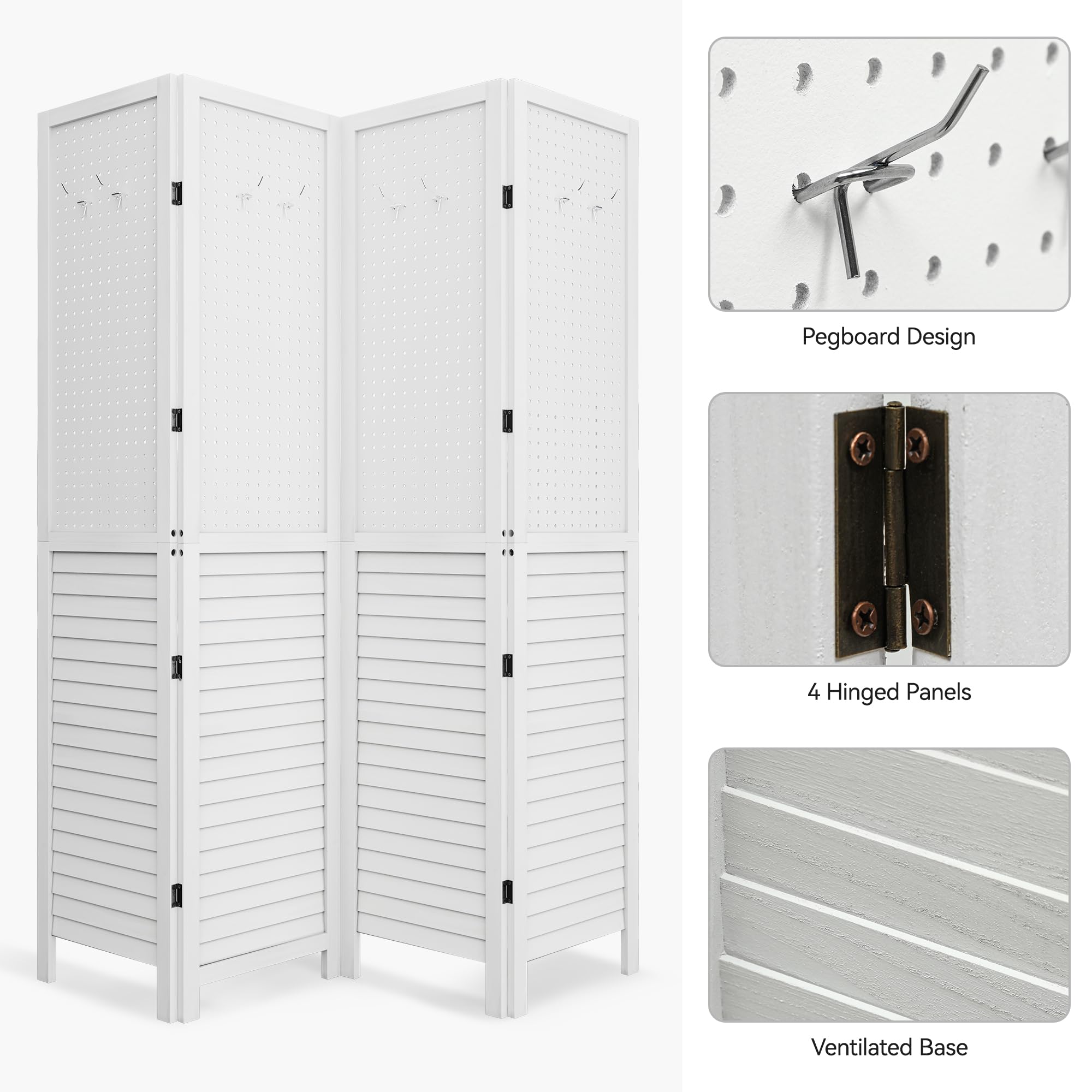 YITAHOME 5.6FT Wood PegBoard Room Divider 4 Panel Folding Privacy Screens and Pegboard Display, Standalone Portable Wall Divider Room Partition for Jewelry, Craft Show, Retail, Bedroom
