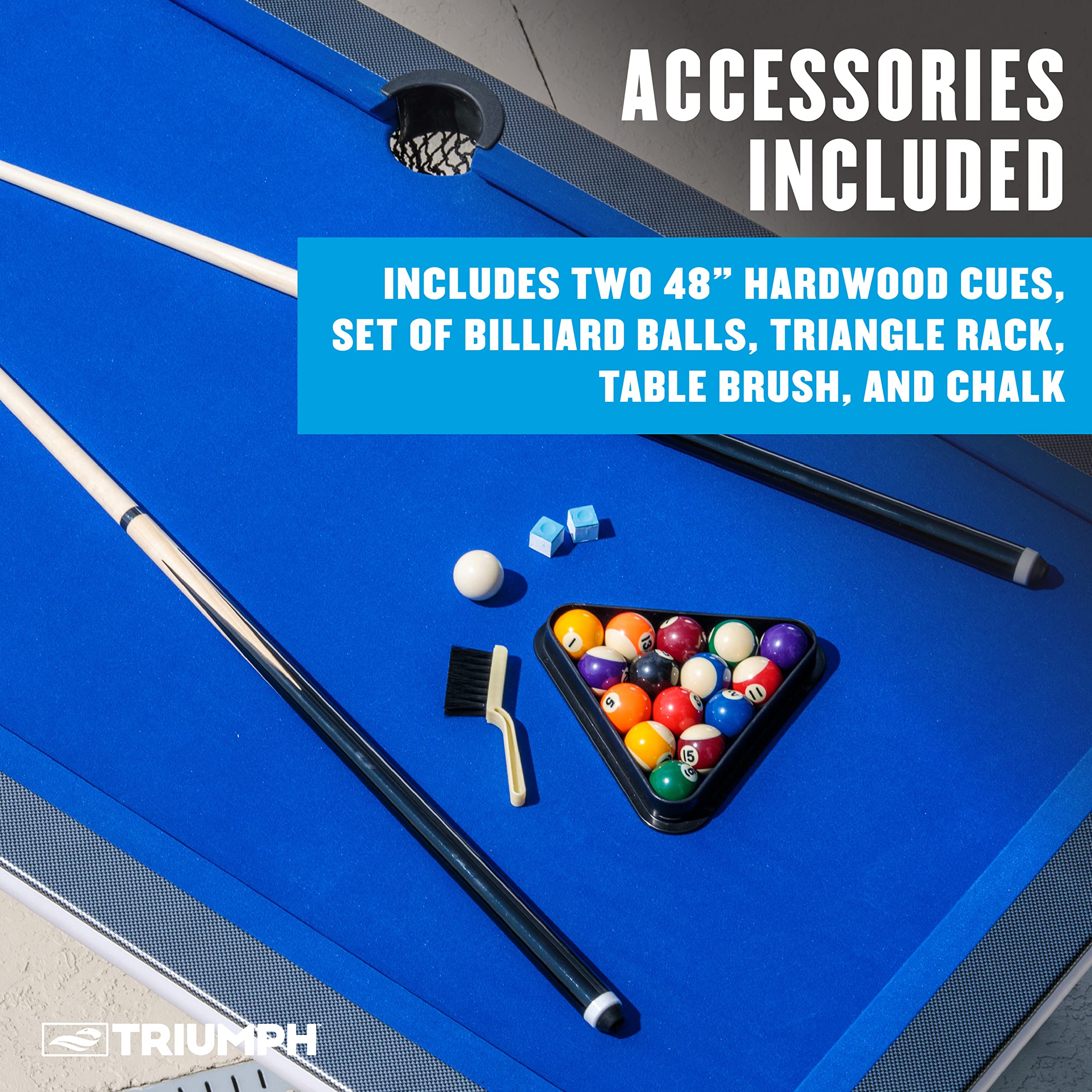 Triumph Sports 6β Portable Pop Up Folding Pool/Billiard Table with Folding Legs, Instant Assembly and Accessories Included, Blue, 72" (45-6051W)