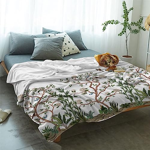 Throw Blanket,Flower Bird Plant Leaves Print White Super Soft Microfiber Warm Blanket for Couch Lightweight Blanket for Bed Chairs 50x60 Inch