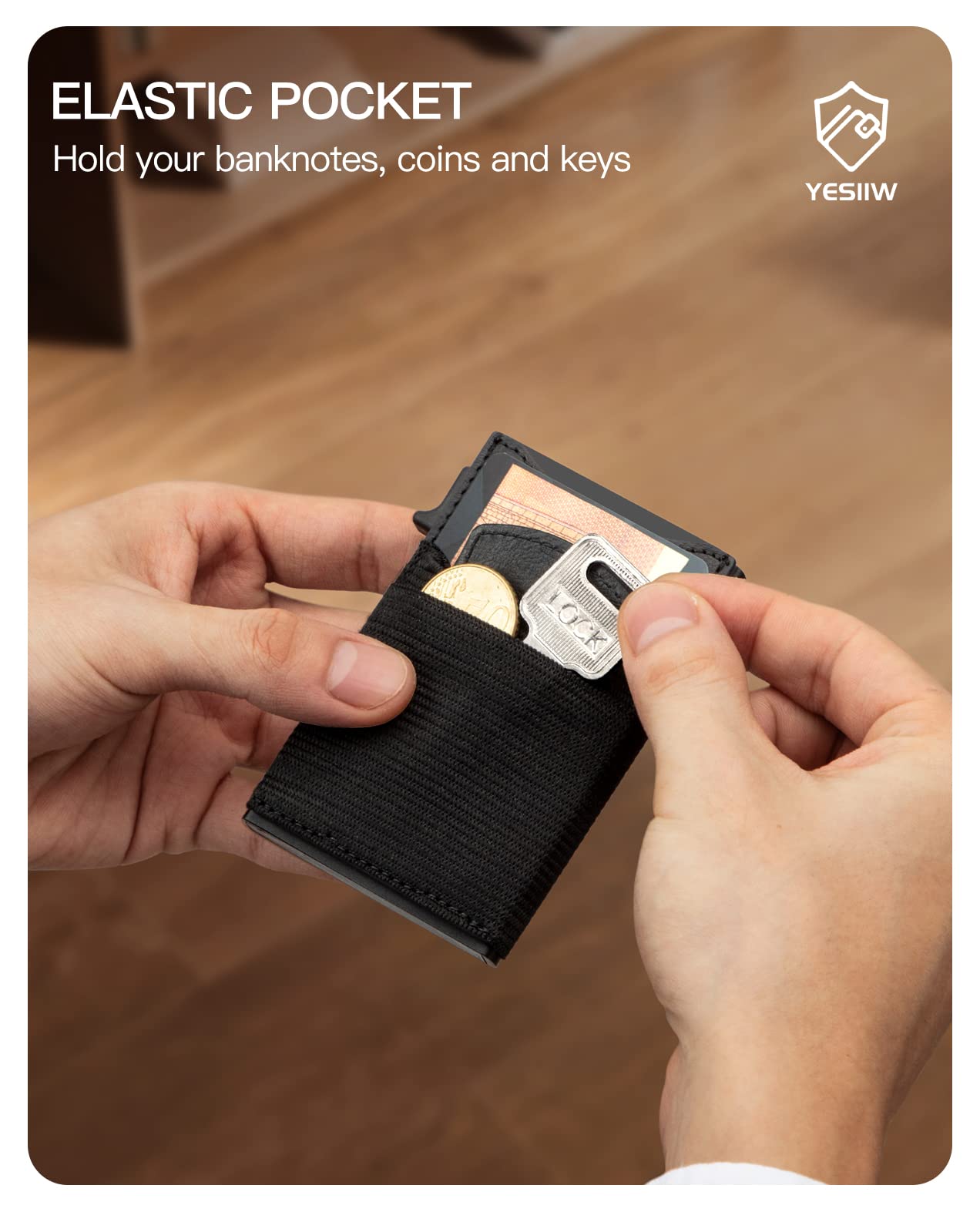 YESIIW AirTag Wallet for Men with Apple Airtag Holder RFID Blocking Slim Pop up Air Tag Credit Card Holder with Elasitc Pocket Smart Leather Wallet with Multi Purpose Survival Tool Black
