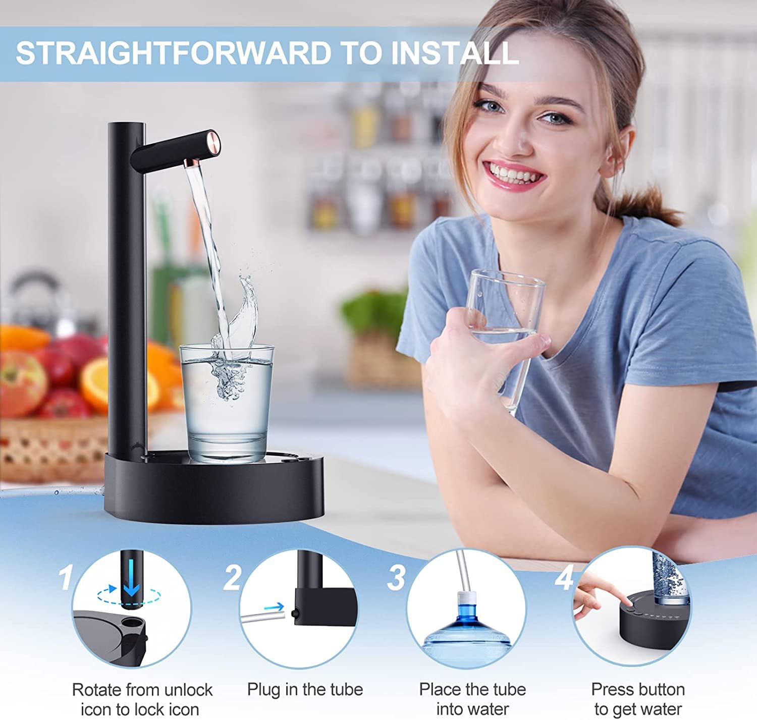 Water Dispenser for 5 Gallon Bottle, Smart 7 Levels Desktop Water Bottle Dispenser for 5 Gallon & Universal Bottles, USB Charging Automatic Water Jug Dispenser for Home, Office and Outdoor