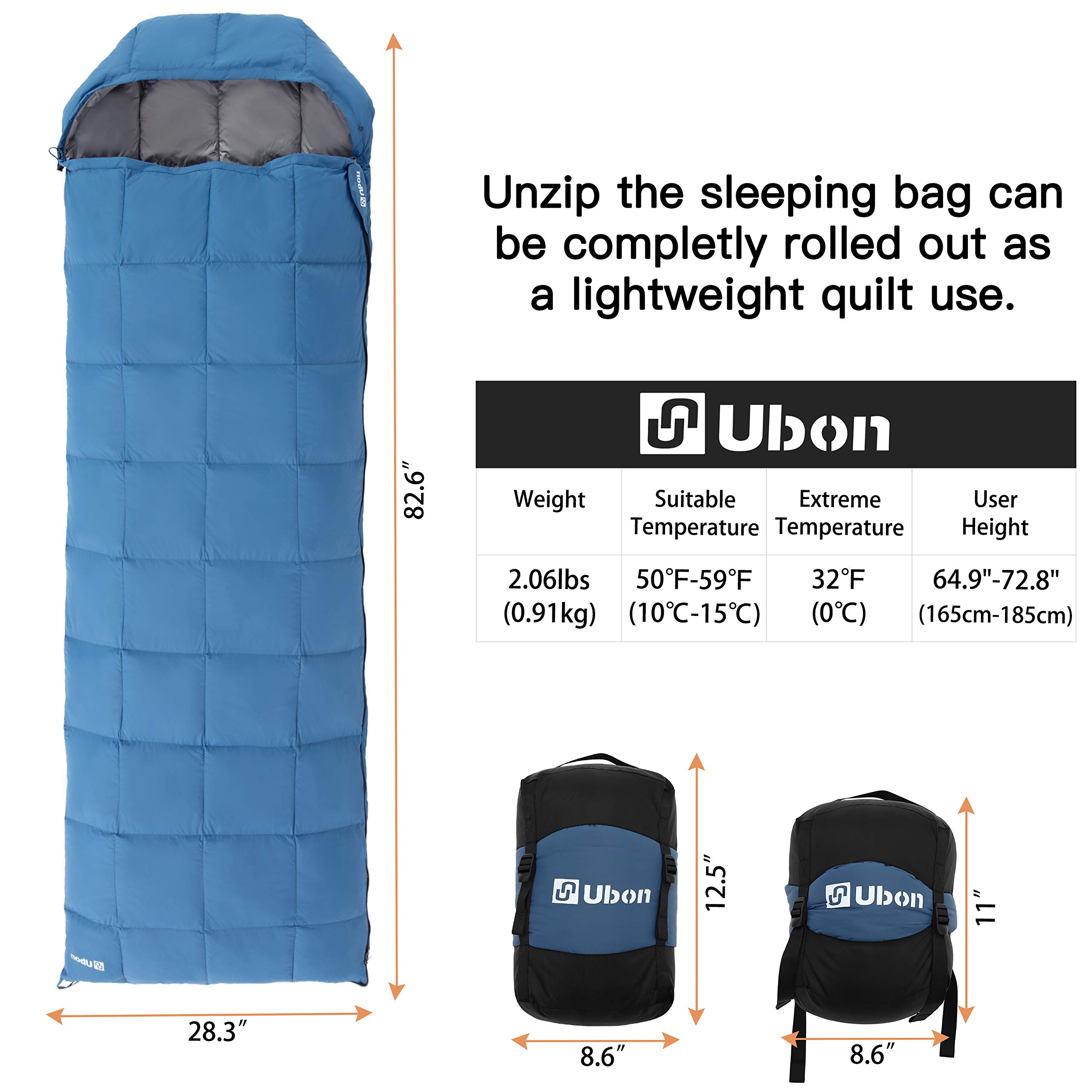 Ubon 32 °F Waterproof Envelope Sleeping Bag with Compression Sack,3 Season Lightweight Camping Sleeping Bag, Gray Blue