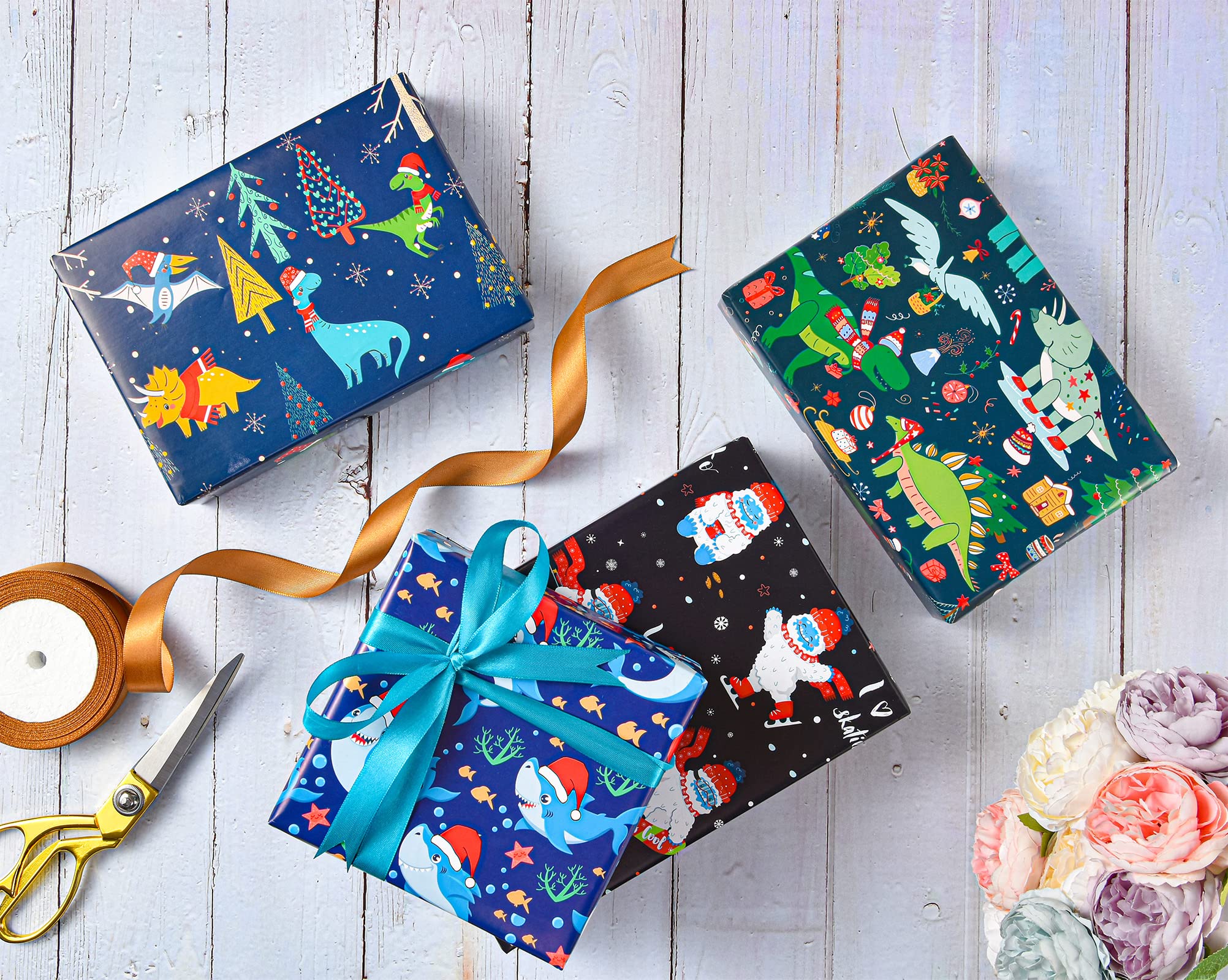 Titiweet Dinosaur Shark Animal Christmas Wrapping Paper for Kids - 12 Sheets, 20 x 28 Inches Per Sheet