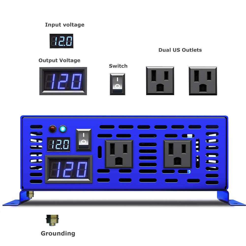 XYZ INVT Pure Sine Wave Inverter - 1500W Power Convert12v dc to 110v ac at 60hz for Solar System (1500w/12v)