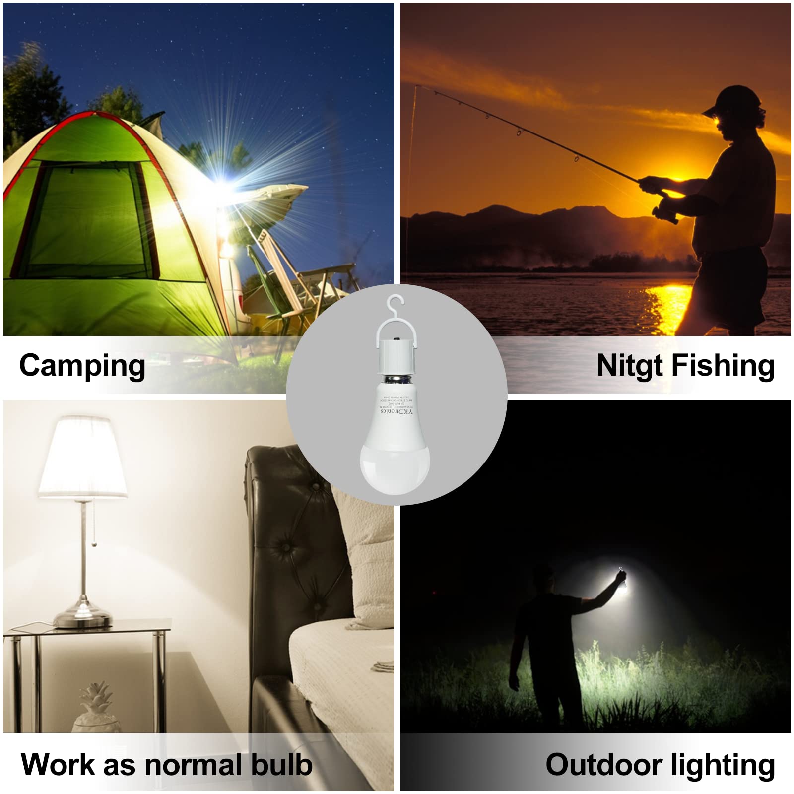 YKDtronics Rechargeable Emergency Light Bulbs, Multi-Function Battery Light bulb for Power Outage, Camping, 2000mAh Battery Backup 850 Lumens 9W 60W Equivalent 5000K Daylight E26/E27 120V 4Pack