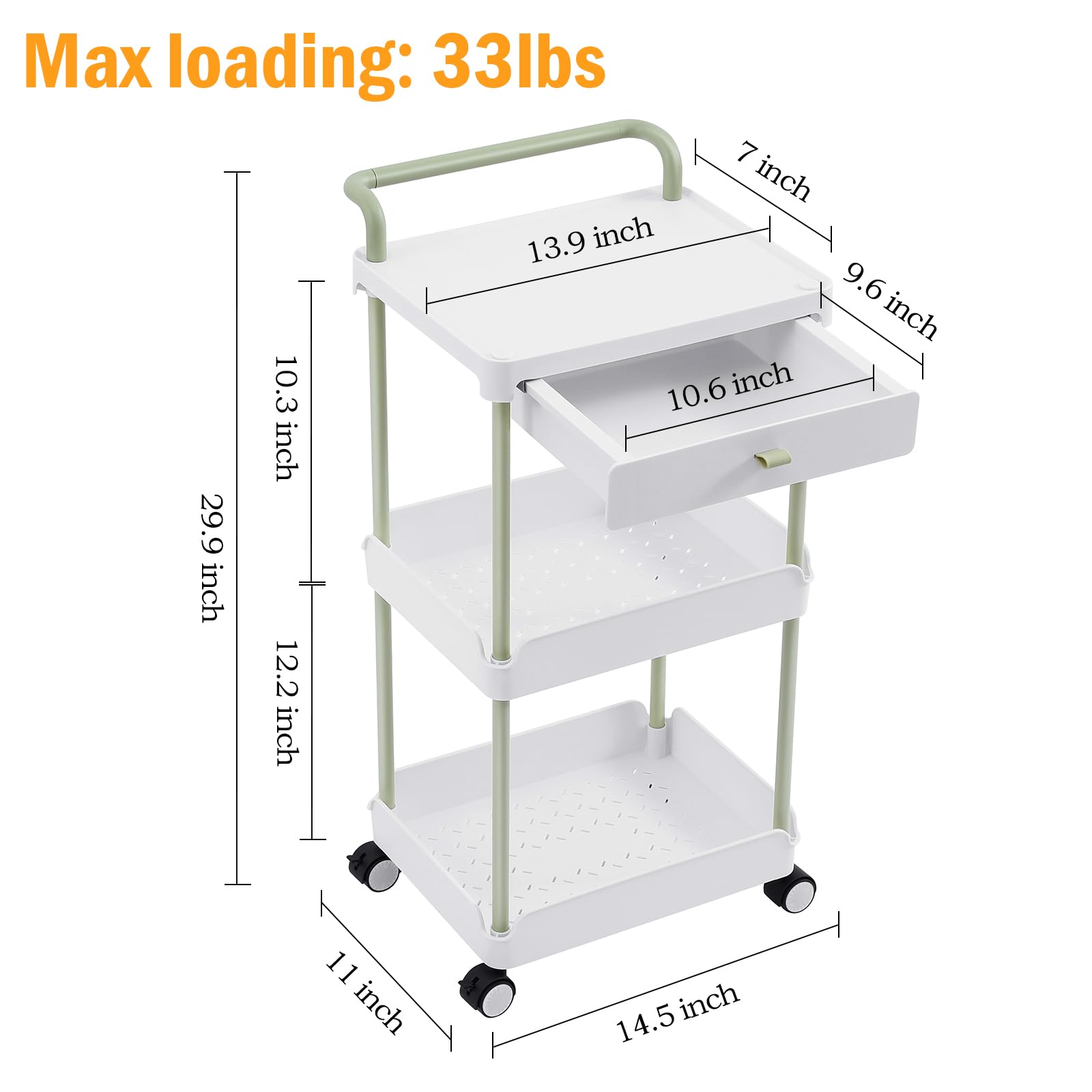TOOLF Rolling Storage Cart with Drawer, 3 Tier Rolling Utility Cart with Tabletop, Rolling Cart Organizer for Teacher Craft Baby Nursery, Utility Cart for Kitchen Bathroom Bedside Office