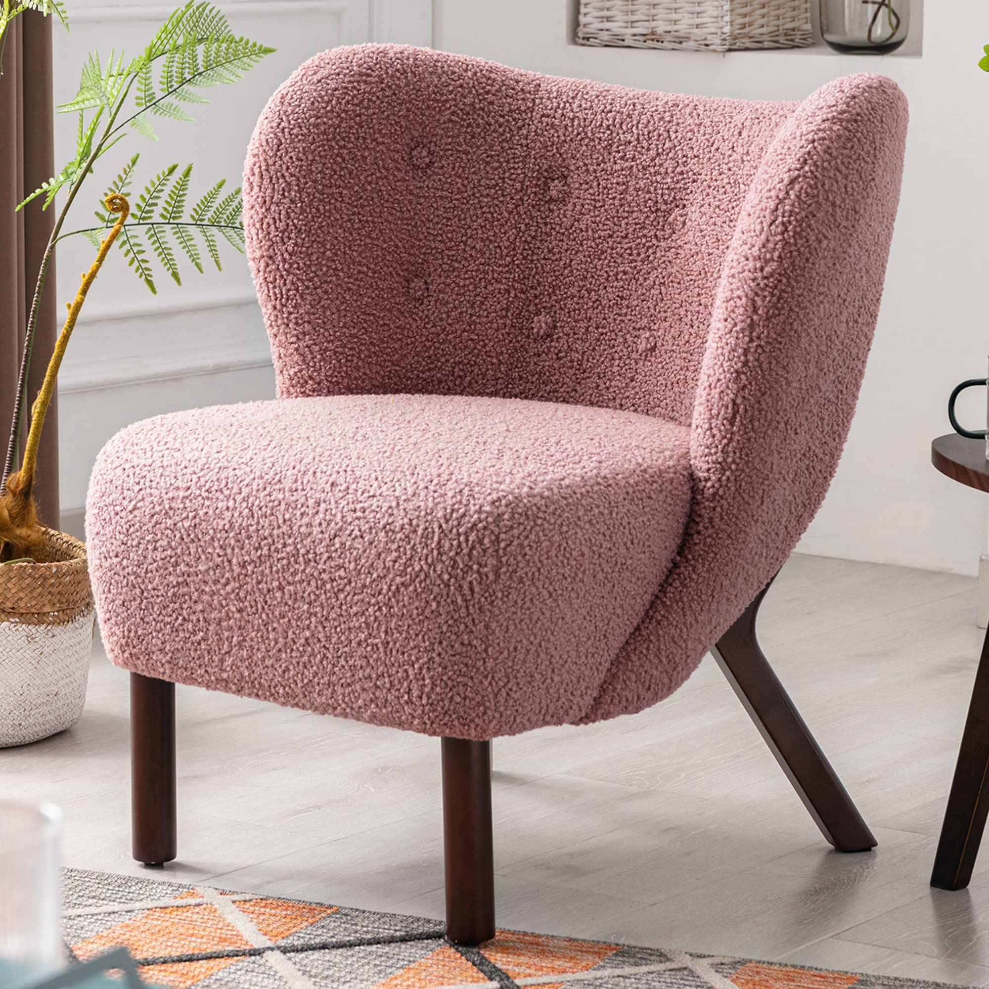 ViolaDresses Modern Accent Chair Lambskin Sherpa Wingback Tufted Side Chair with Solid Wood Legs for Living Room Bedroom,Blush