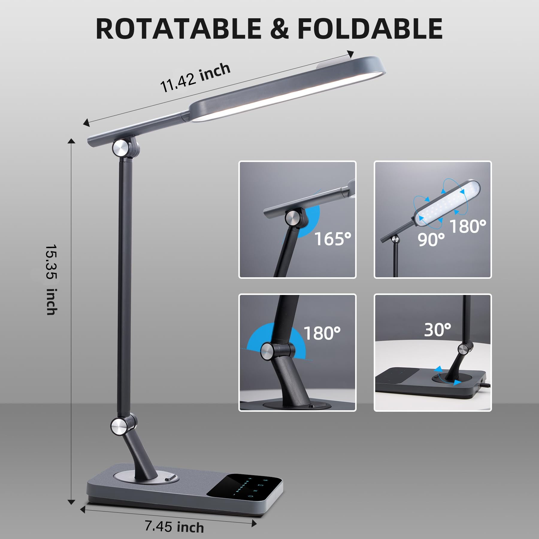 TRONTORE LED Desk Lamp with USB Charging Port,Dimmable Home Office Bright Reading Table Lamp,5 Color Modes 6 Brightness Level, Touch Control,Auto Timer,Memory Function,Eye Caring (Black an Grey)