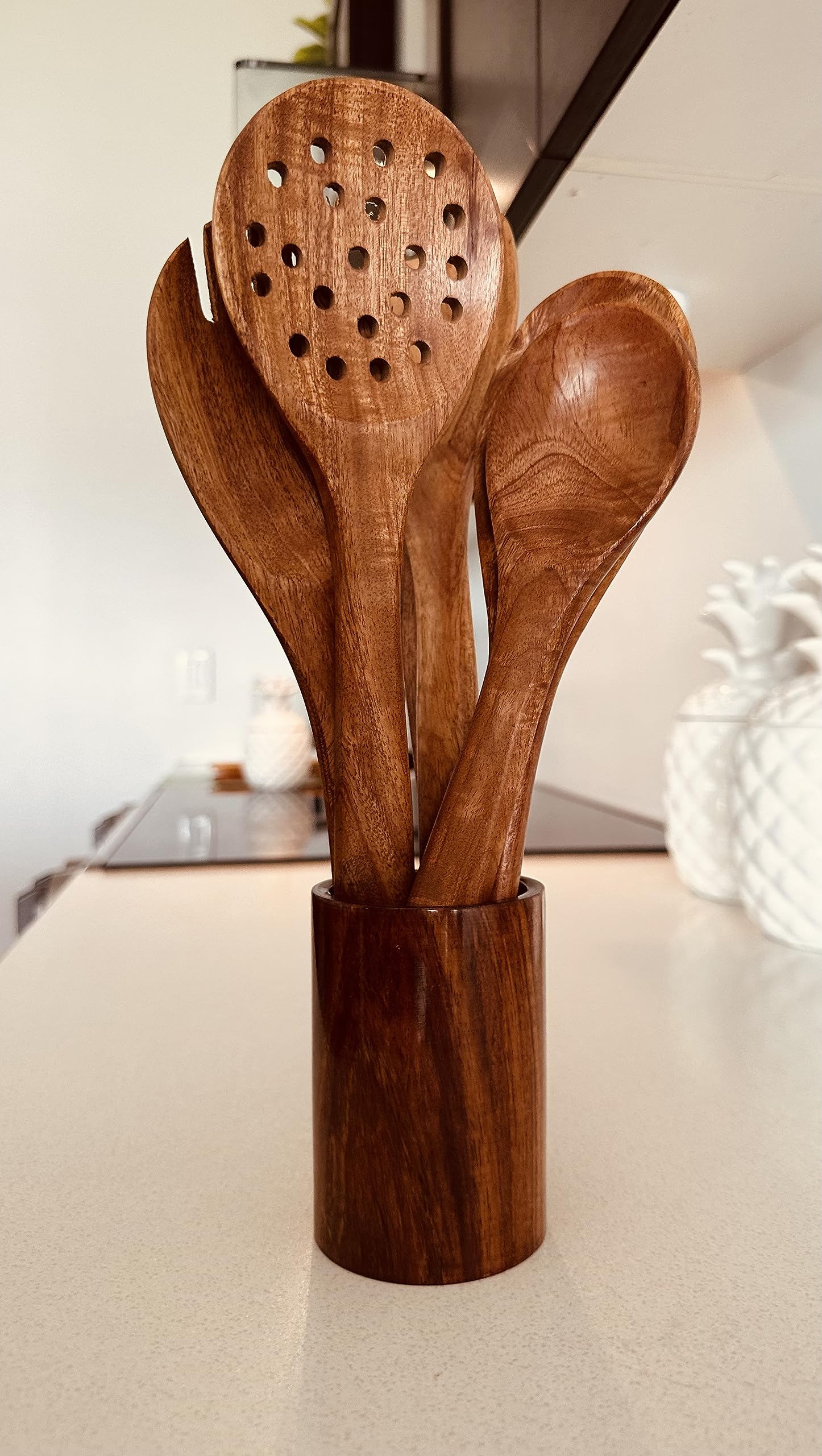 Wooden Spatula Spoons Set with Holder 7 Piece Set Teak Wood Handmade Wooden nonstick Utensils
