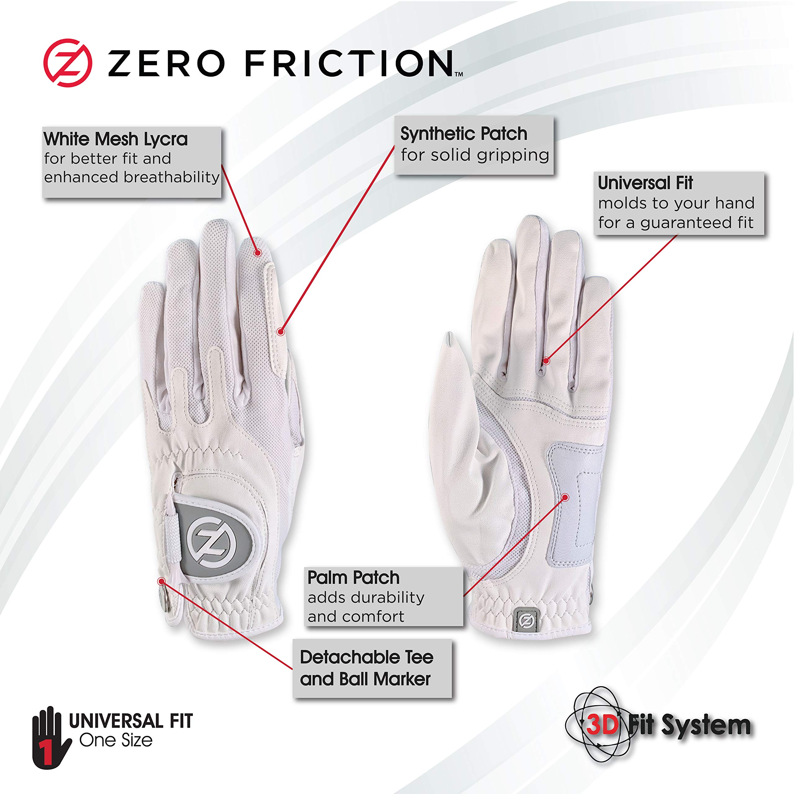 Zero Friction Ladies Compression-Fit Synthetic Golf Glove (2 Pack with free pack of tees), Universal Fit One Size, White/Pink