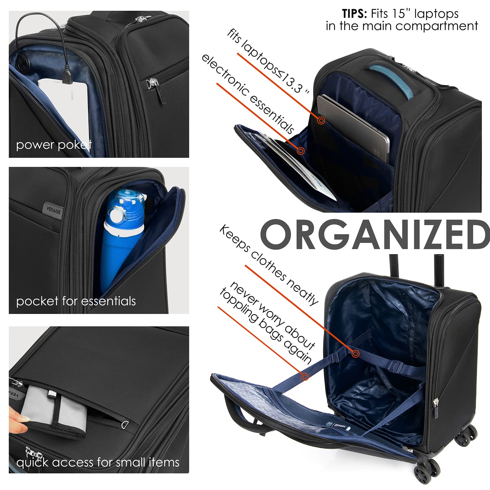 Verage Carry On Underseat Luggage with Wheels & USB Port, Wheeled Spinner Bag Carry-on Luggages for Airlines, Lightweight Suitcase Men Women, Pilots and Crew (14-Inch Plus)