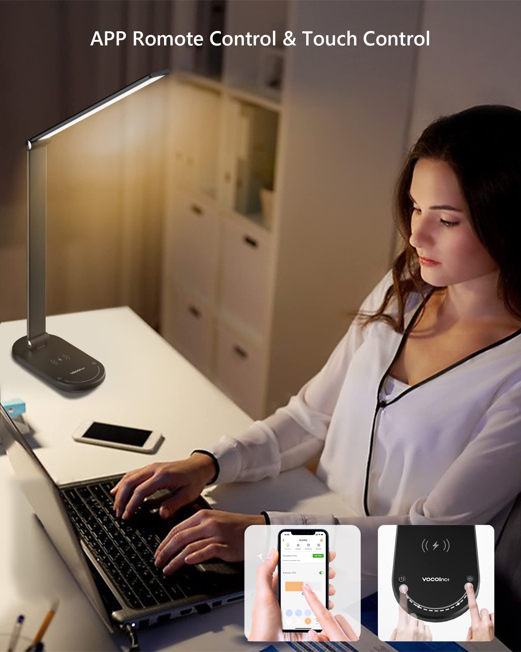 VOCOlinc LED Desk Lamps for Home Office, Voice Control Desk Light with Multiple Lighting Modes, Stepless Dimming, Table Light with APP Control, Wireless Charger, Work with Alexa Siri Google